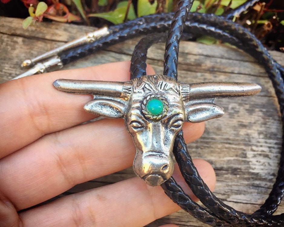 Vintage Steer Bolo Tie for Men or Women Pewter Faux Turquoise, Retro ...