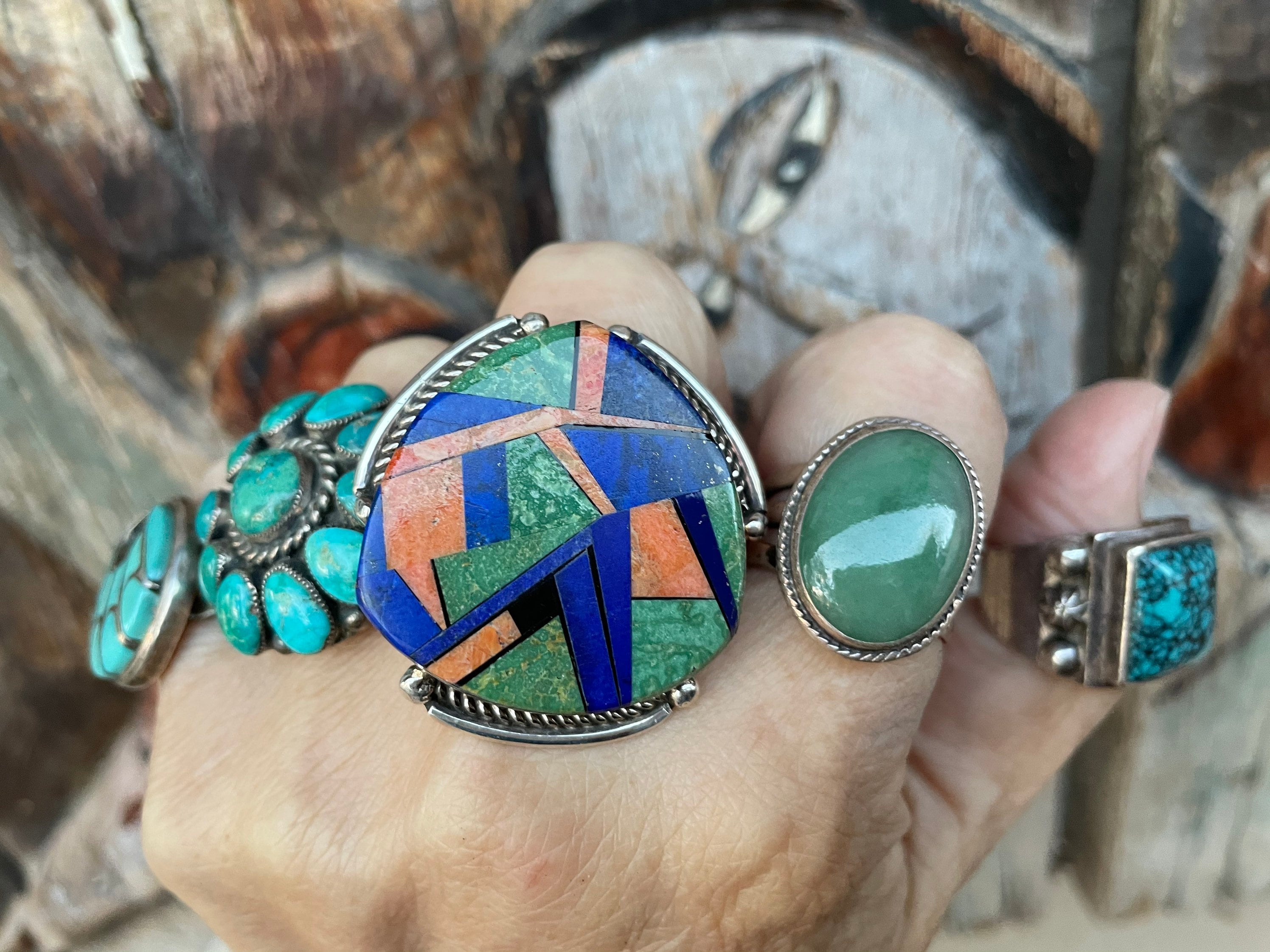 Large Mosaic Inlay Ring Size 8 of Lapis Lazuli Green Turquoise Orange Spiny Oyster Navajo Made