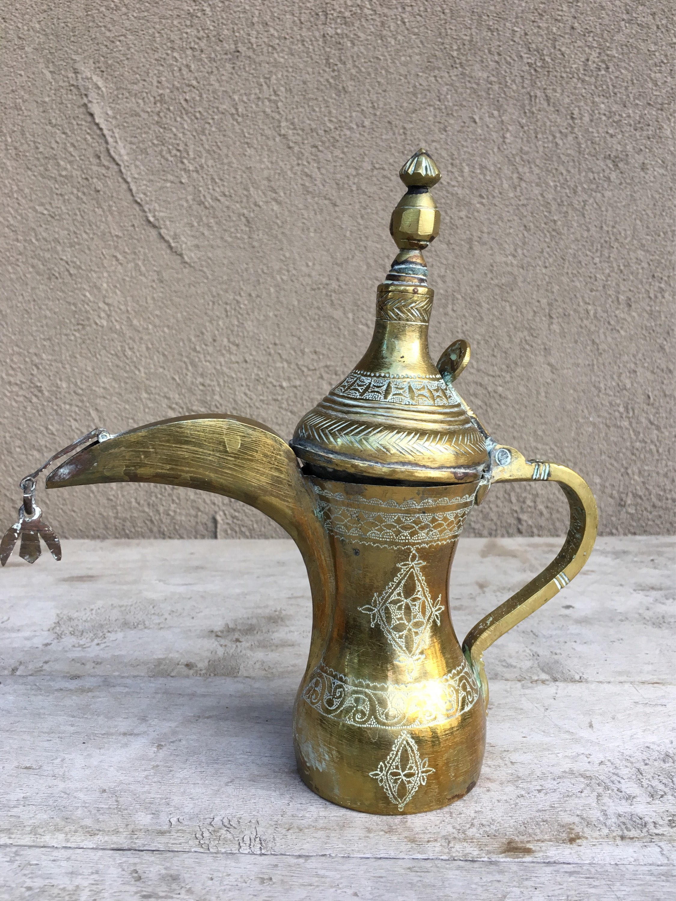 Pair of old Dallah Nizwa Arabic coffee pots brass copper antique ...
