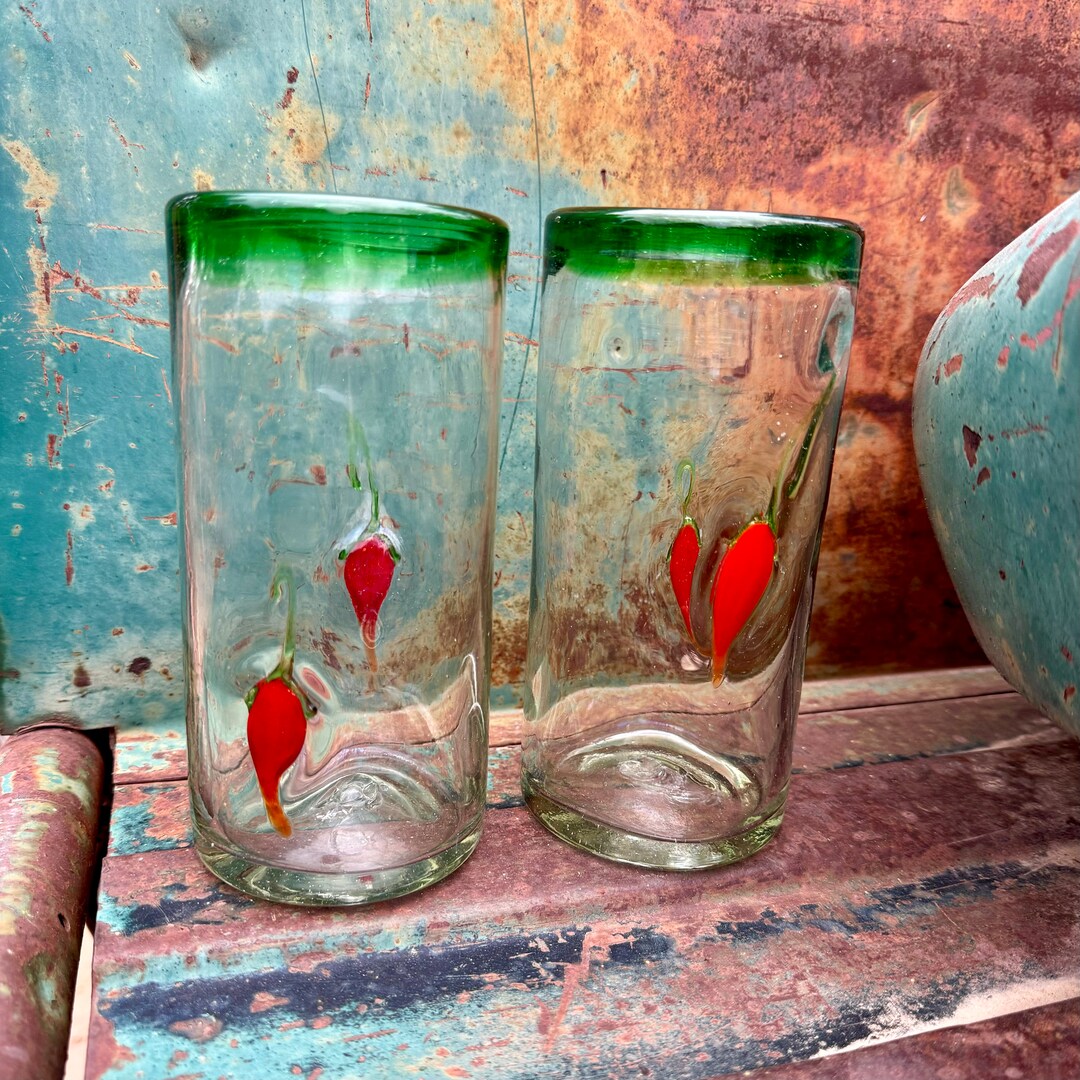 Two Heavy Mexican Glass Tumblers Clear With Green Rim and Red Chile ...