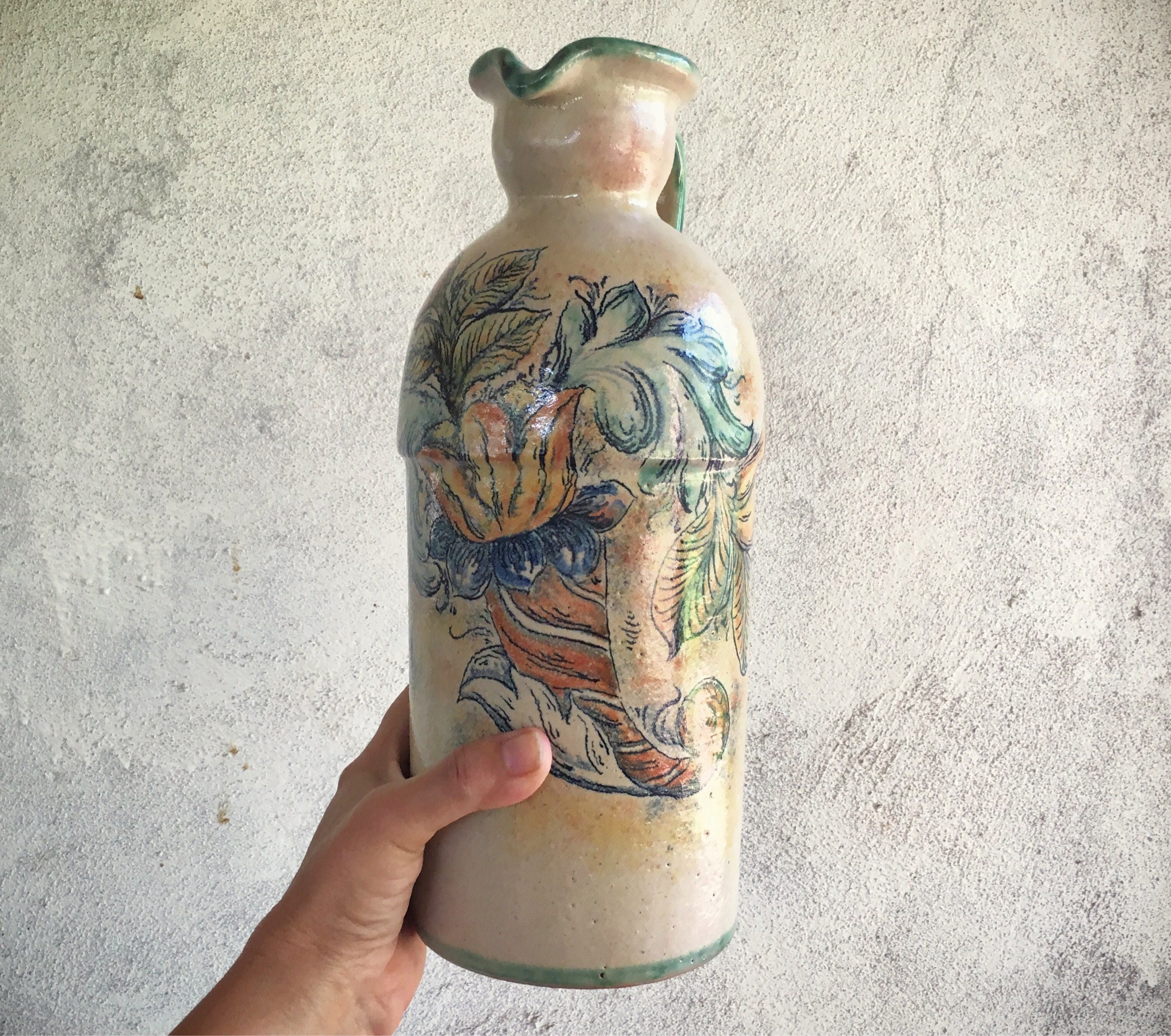 Vintage 12 tall pitcher vase Majolica pottery Capelo Guanajuato Mexican ...