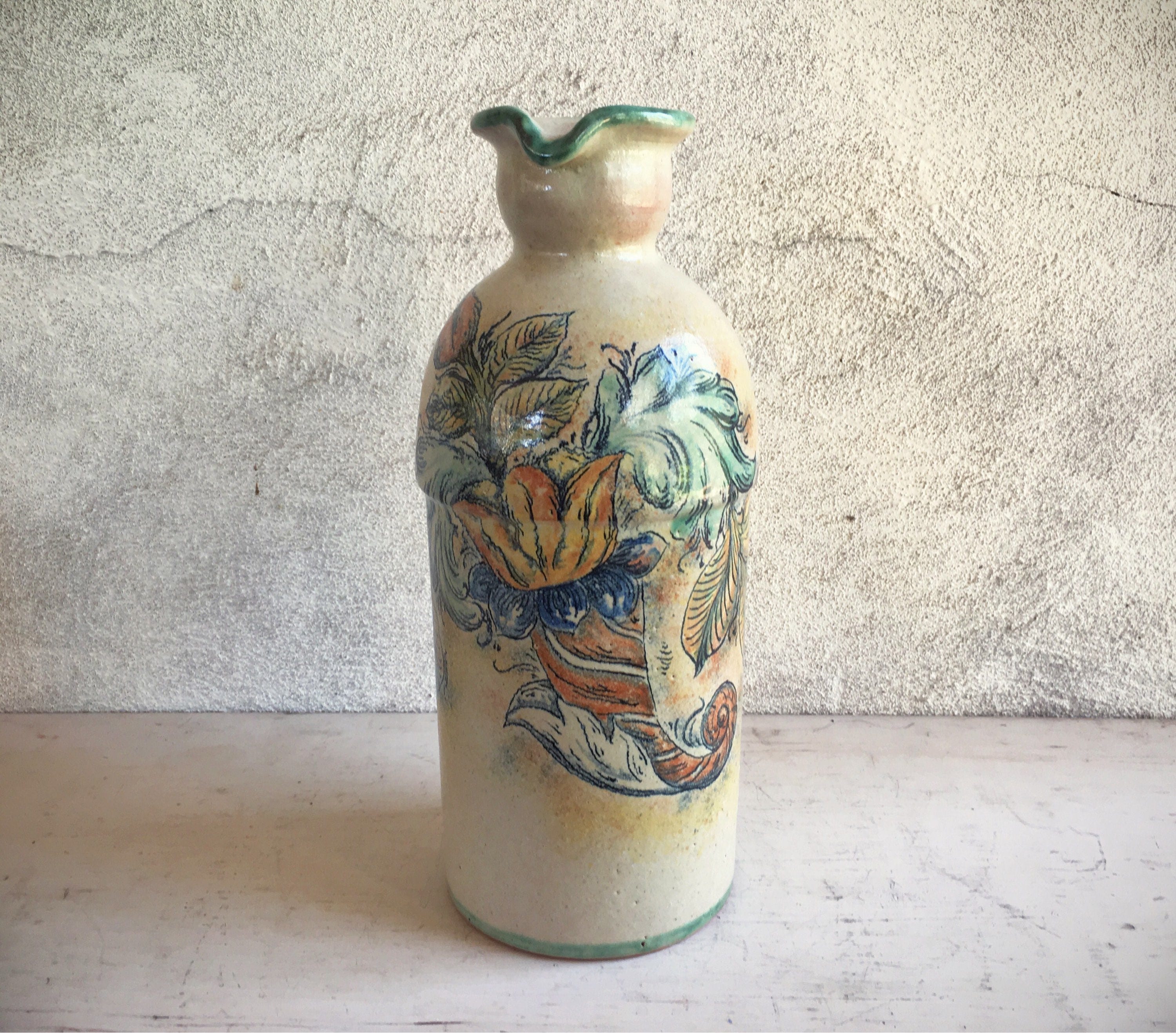 Vintage 12 tall pitcher vase Majolica pottery Capelo Guanajuato Mexican ...