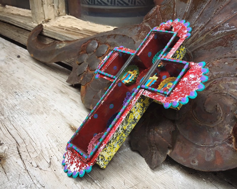 Mexican Tin Nicho Cross Wall Hanging with Bottle Cap Prints, Folk Art ...