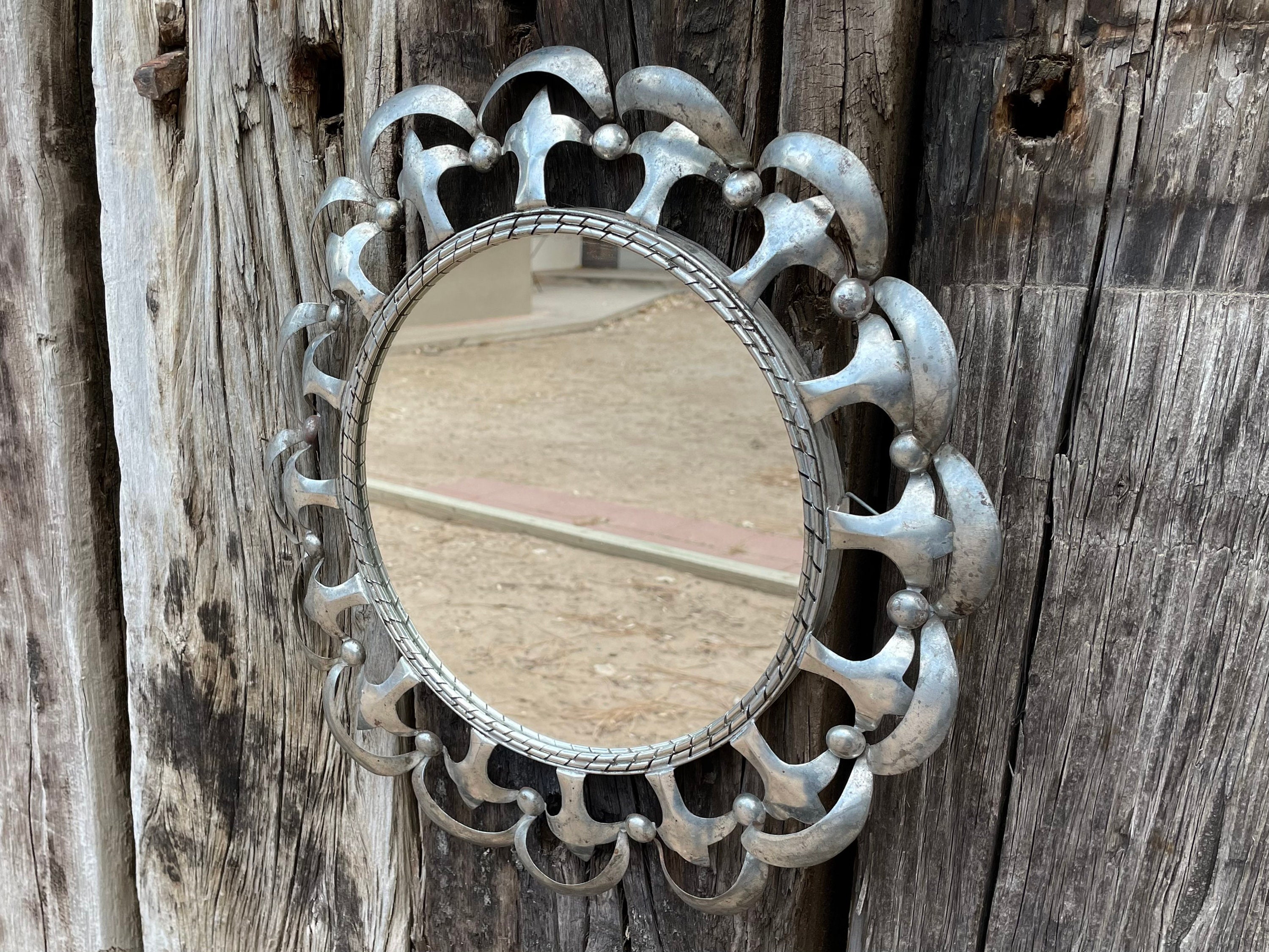 Distressed Mexican Cut Tin Framed Round Mirror for Wall, Rustic ...