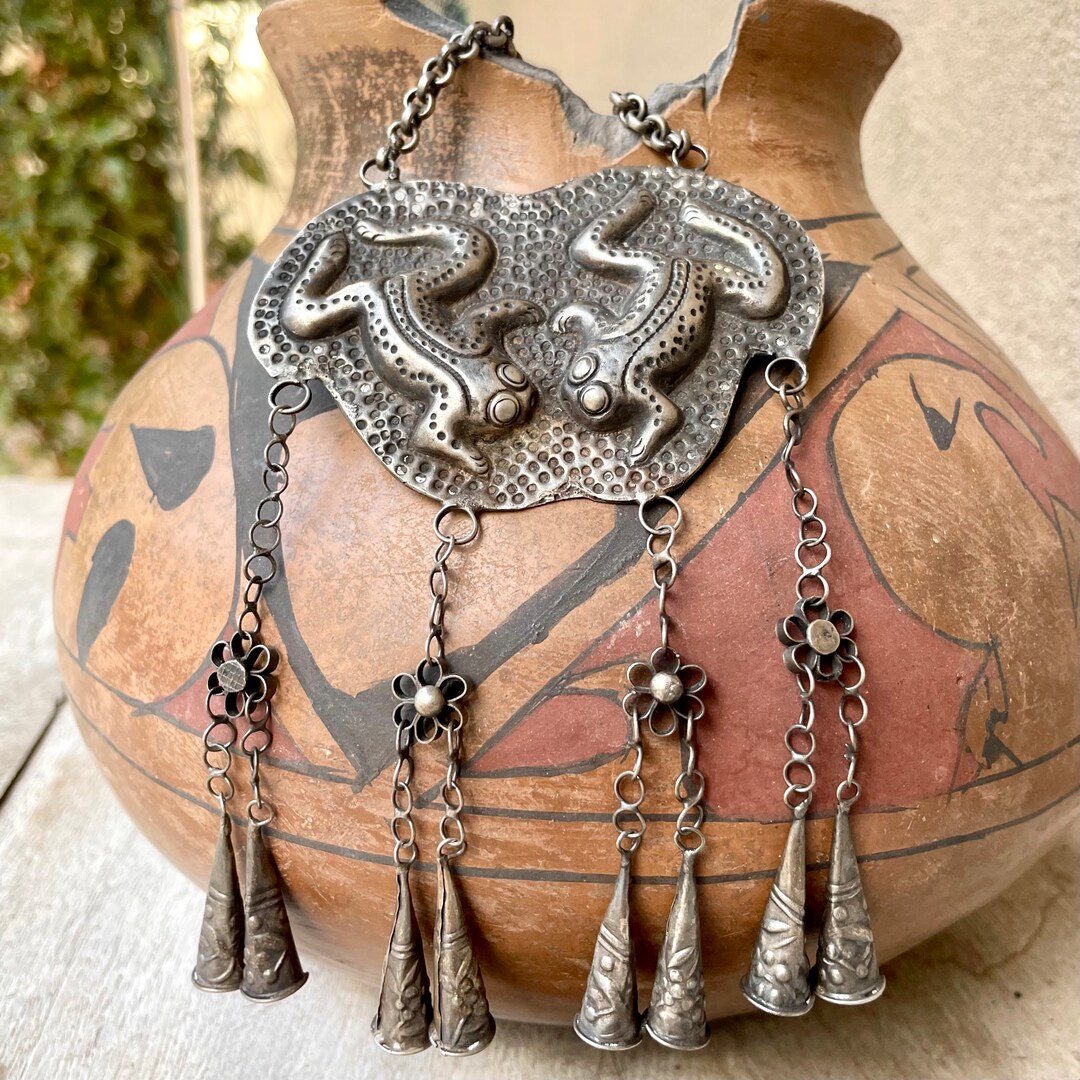 Vintage Large Tribal Silver Pendant Necklace With Frog Design and ...
