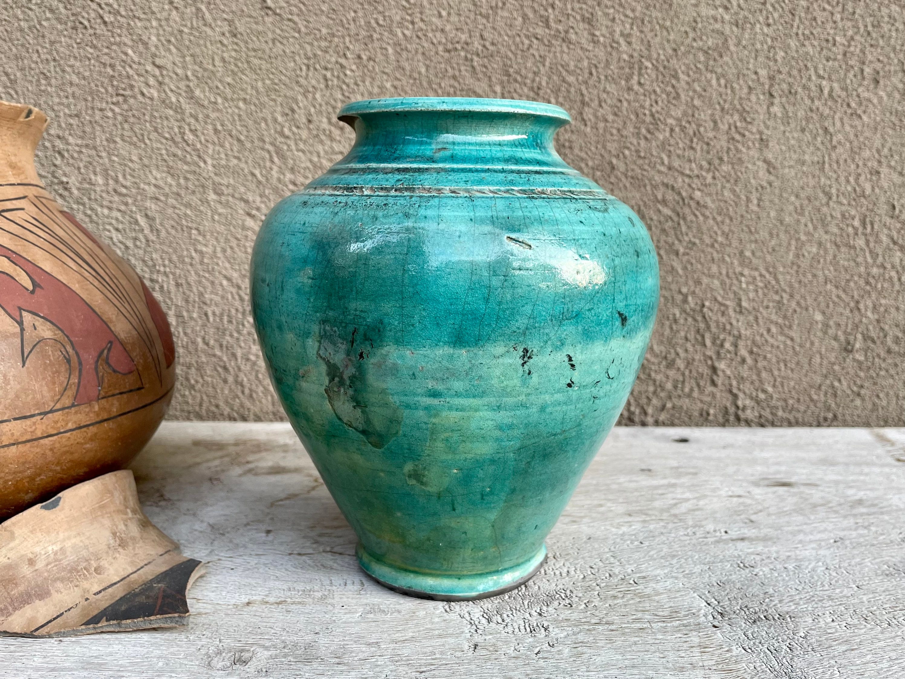 Signed Art Studio Pottery Vase Modernist Iridescent Teal Colored Raku ...