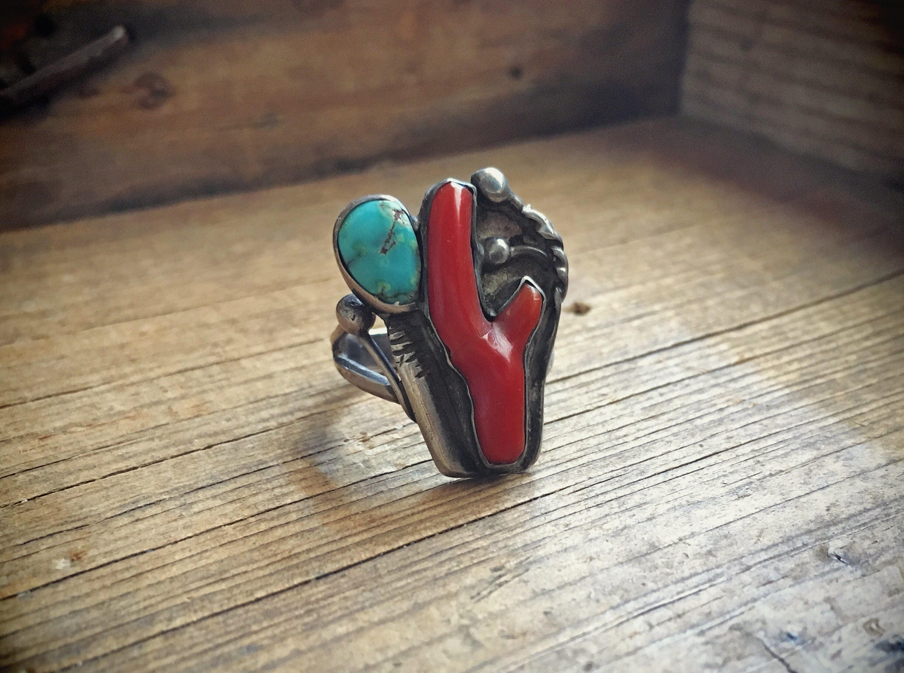 Vintage Coral Turquoise Ring Cactus Jewelry, Bohemian Rings, Native ...