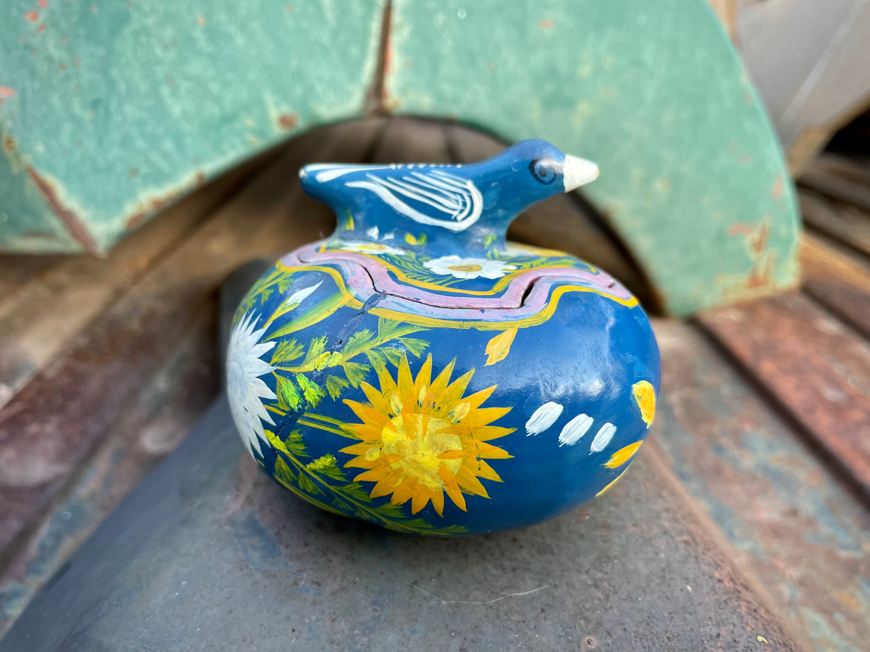 Vintage Small Olinala Mexican Lacquer Painted Gourd Trinket Box with ...