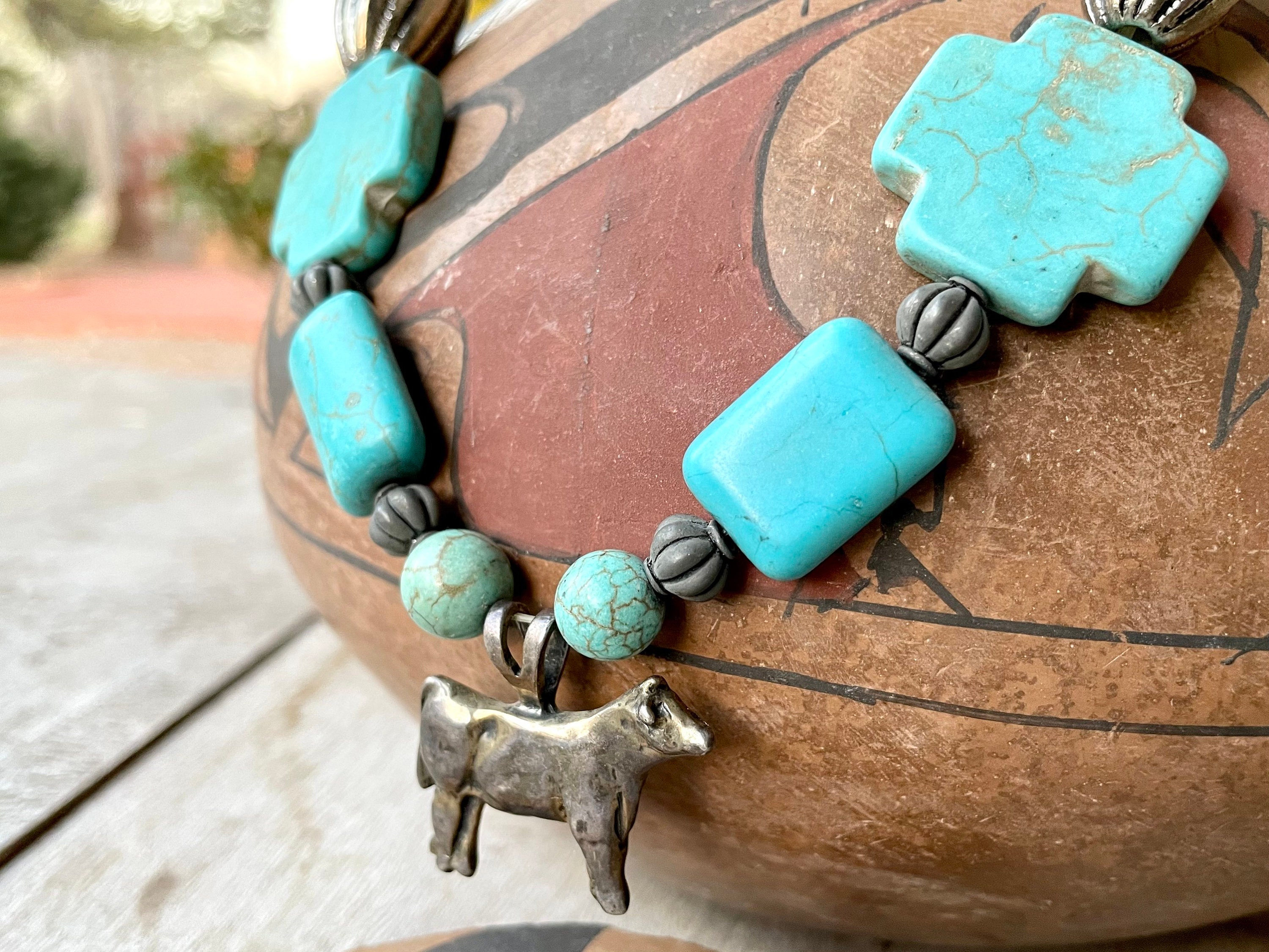Sterling Silver Cow Pendant on Chunky Faux Turquoise Necklace Approx 24 ...