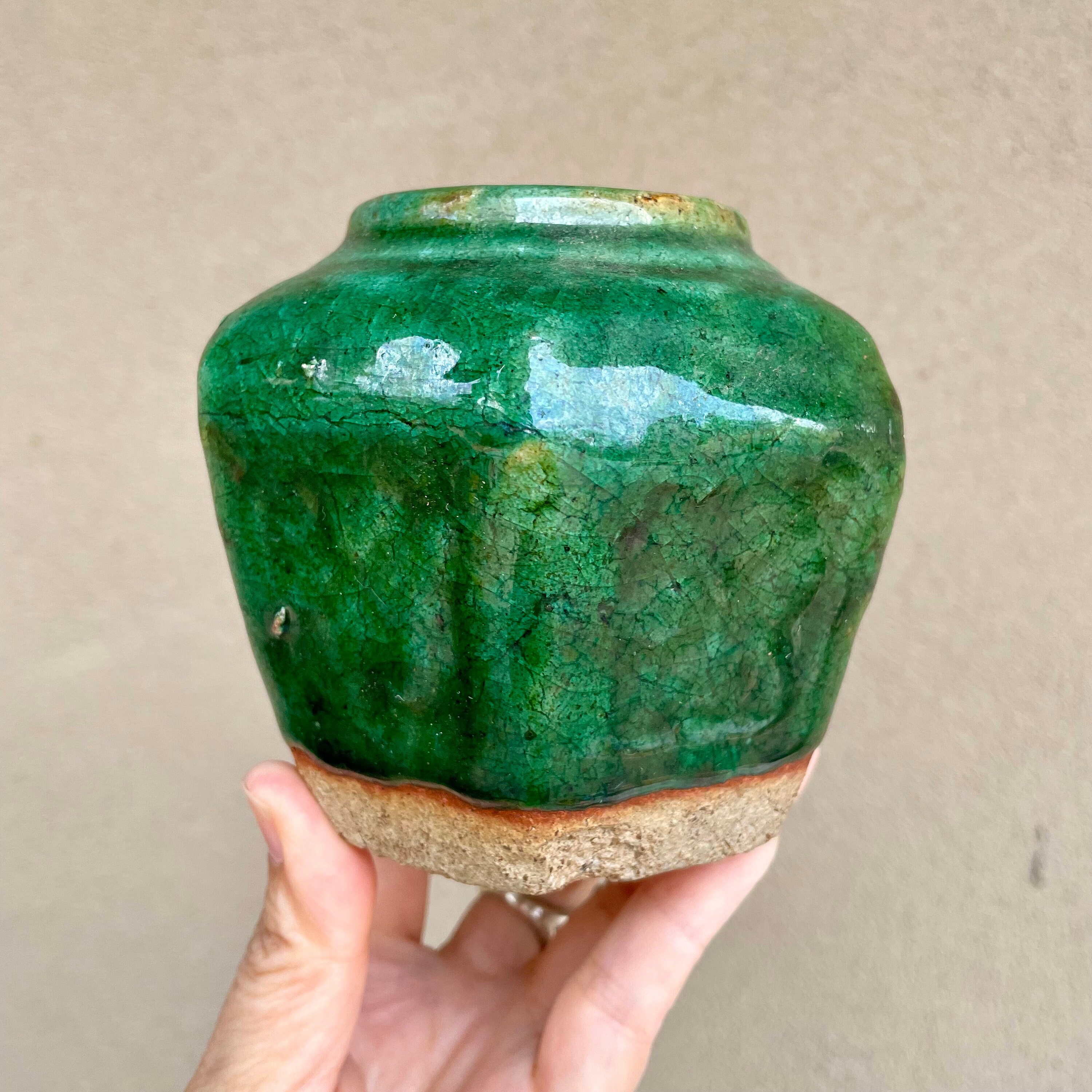 Small Vintage Chinese Shiwan Pottery (Chip at Base) Green Glazed Ginger ...