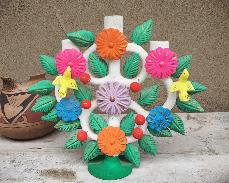 Vintage Mexico Tree of Life Pottery 12 Candle Holder Colorful Flowers ...