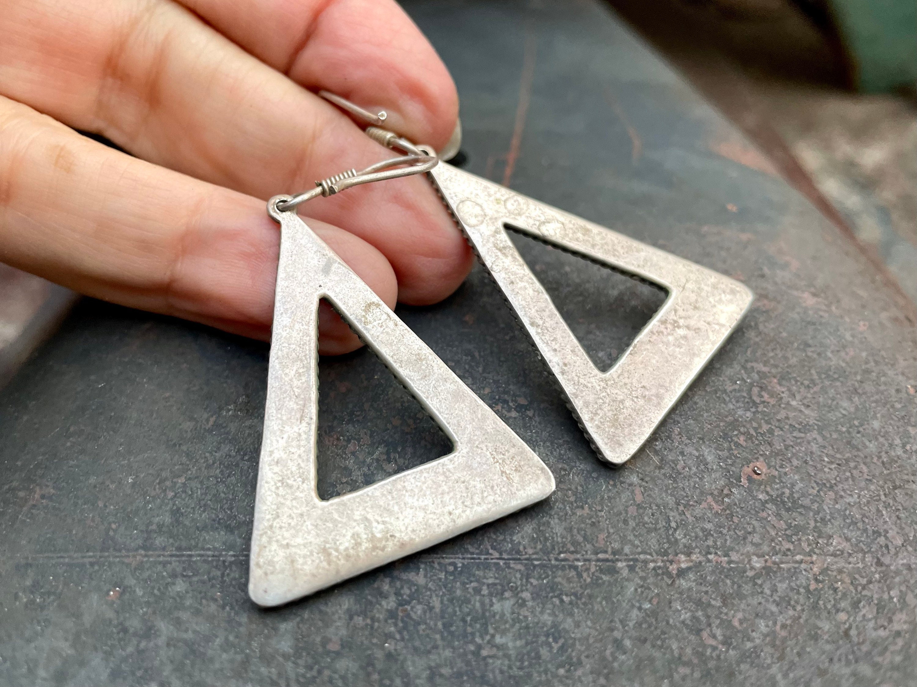 Vintage Triangle Shape Sterling Silver Dangle Earrings, Vintage ...