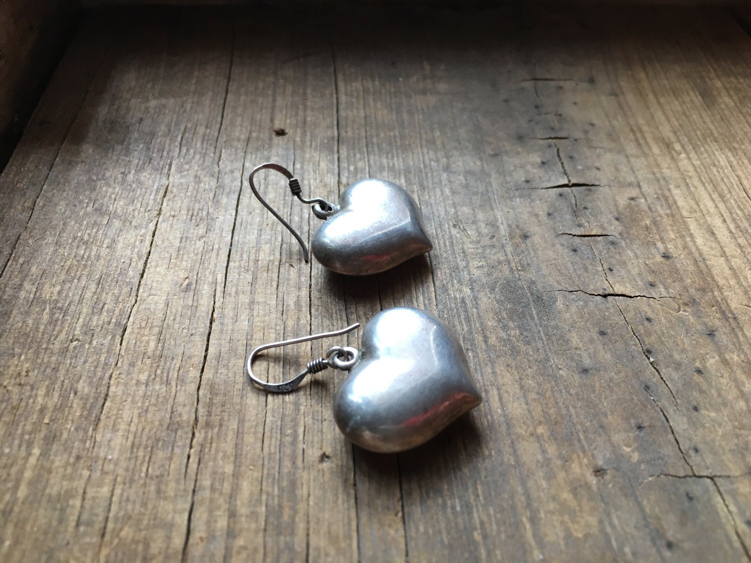 Vintage 925 sterling silver puffy heart dangle earrings, Mexican silver ...