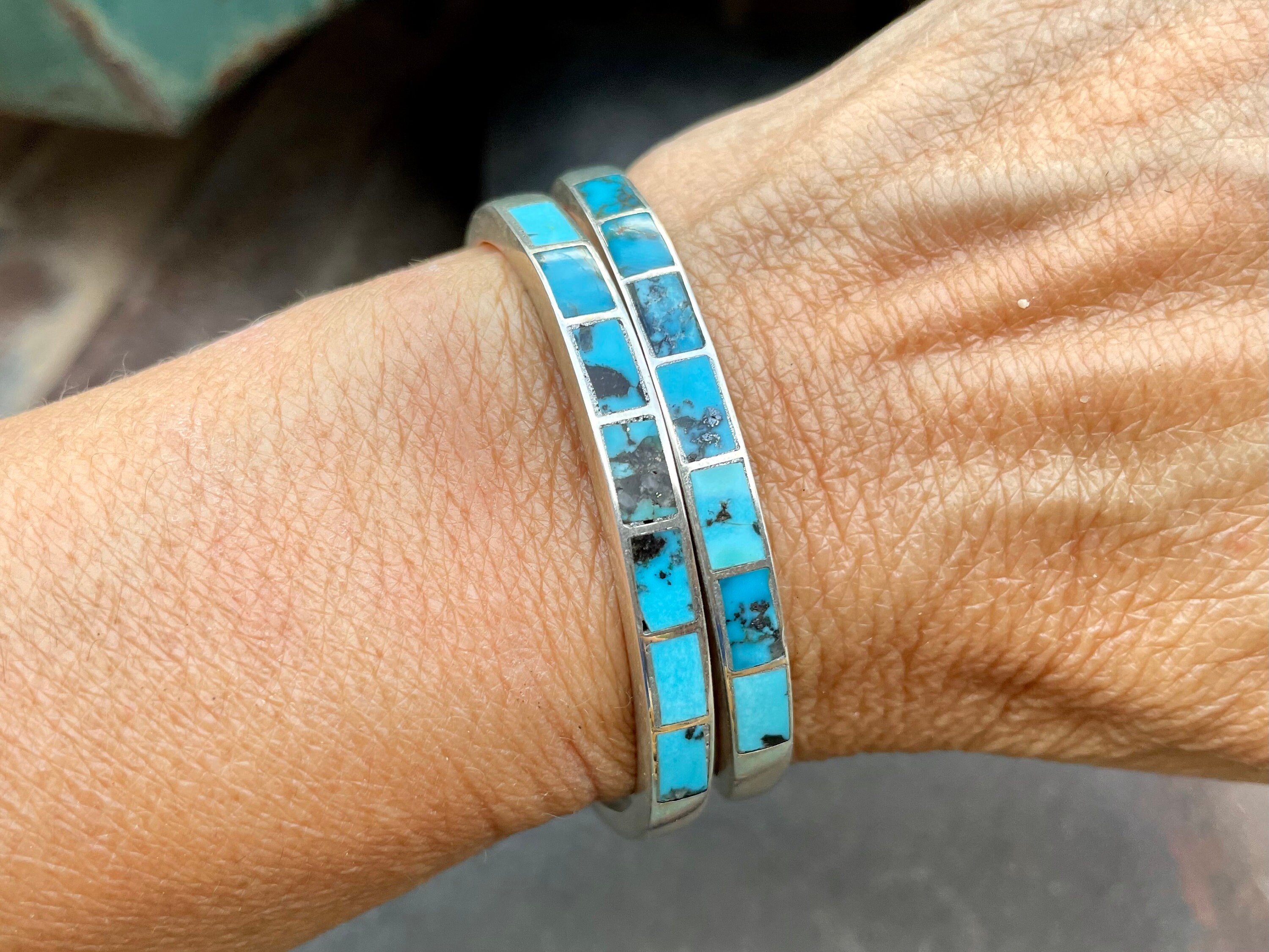 Pair Vintage Channel Inlay Matrixed Turquoise Cuff Size 5.75, Zuni ...