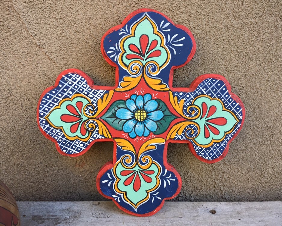 Wooden Painted Wall Cross in Talavera Style with Blues and Reds ...
