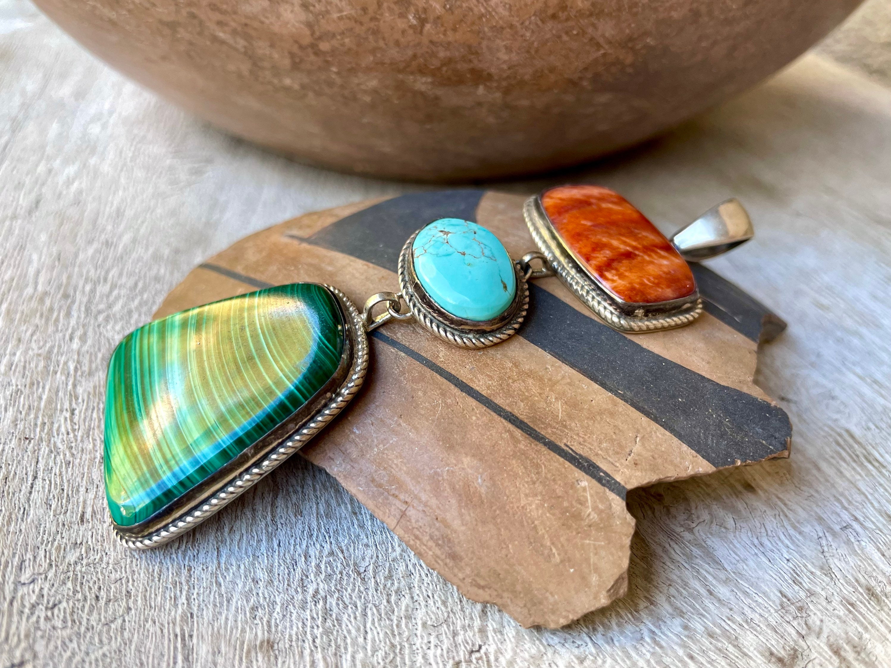 Vintage Long Orange Spiny Oyster Turquoise Malachite Sterling Silver ...