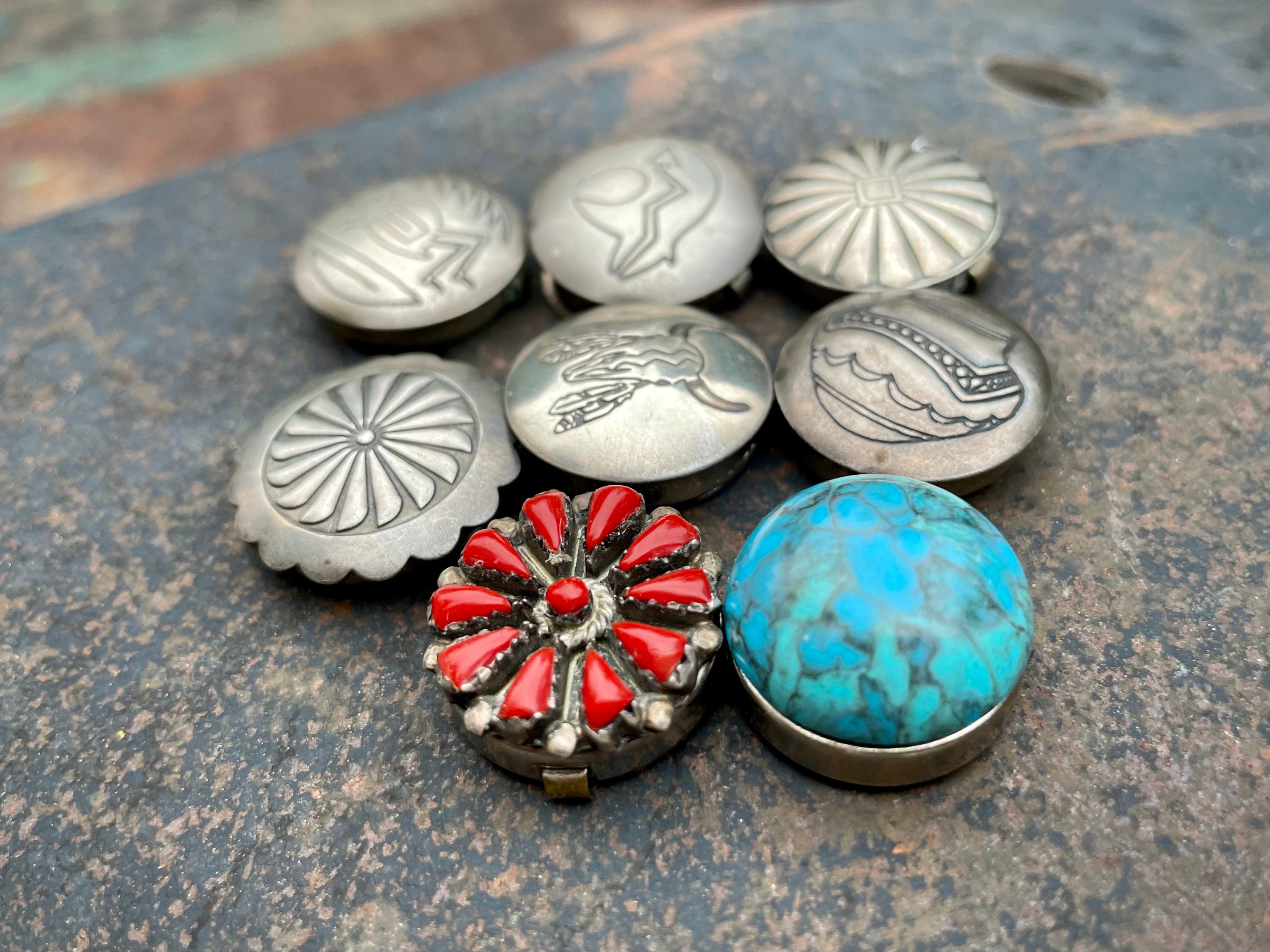 Eight Mismatched Silver Button Covers (One Zuni Coral), Native American ...