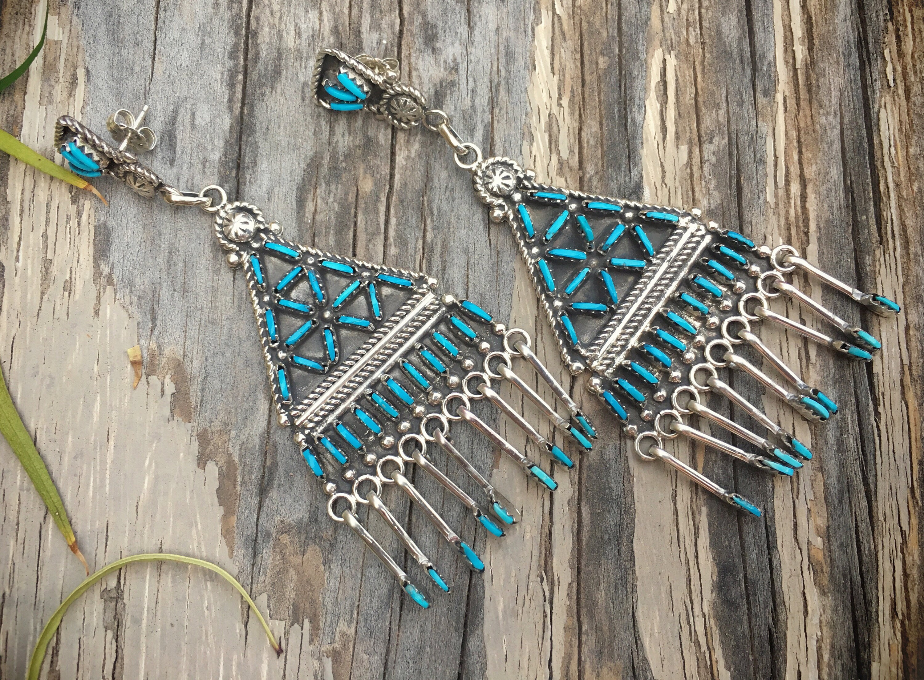 Vintage Zuni Earrings Needlepoint Turquoise Chandelier Earrings Native ...