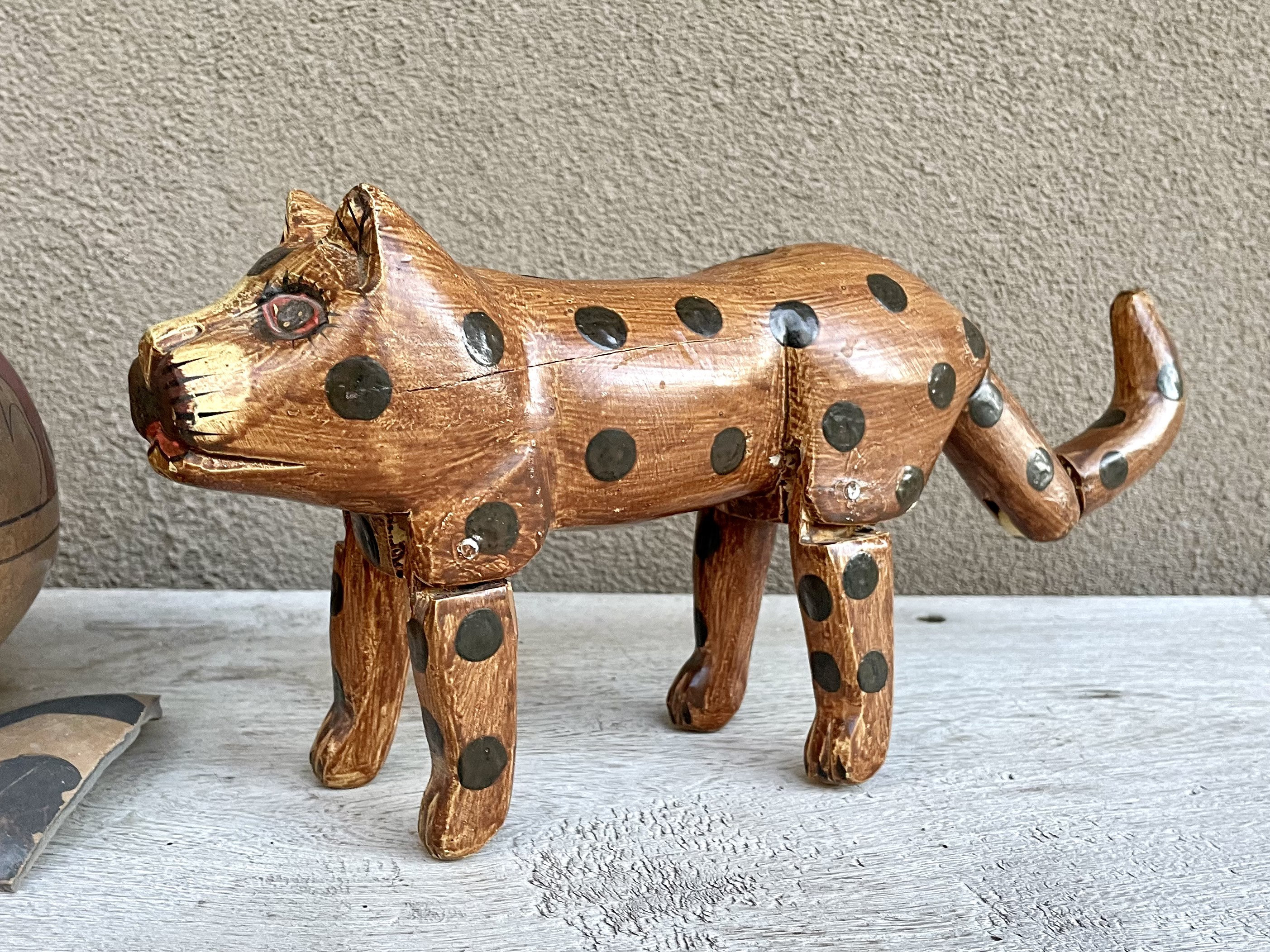Vintage Spotted Cat Figurine with Movable Limbs, Carved Painted Folk ...