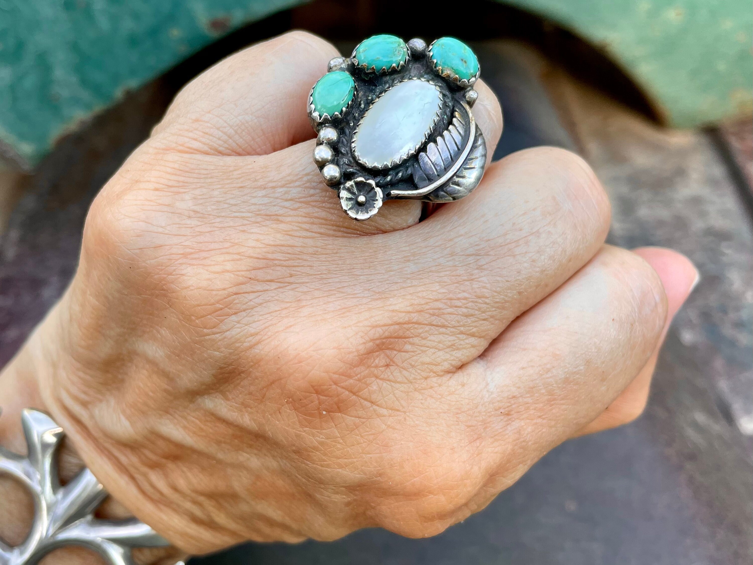 Vintage Turquoise and Mother of Pearl Navajo Ring with Floral Leaf ...
