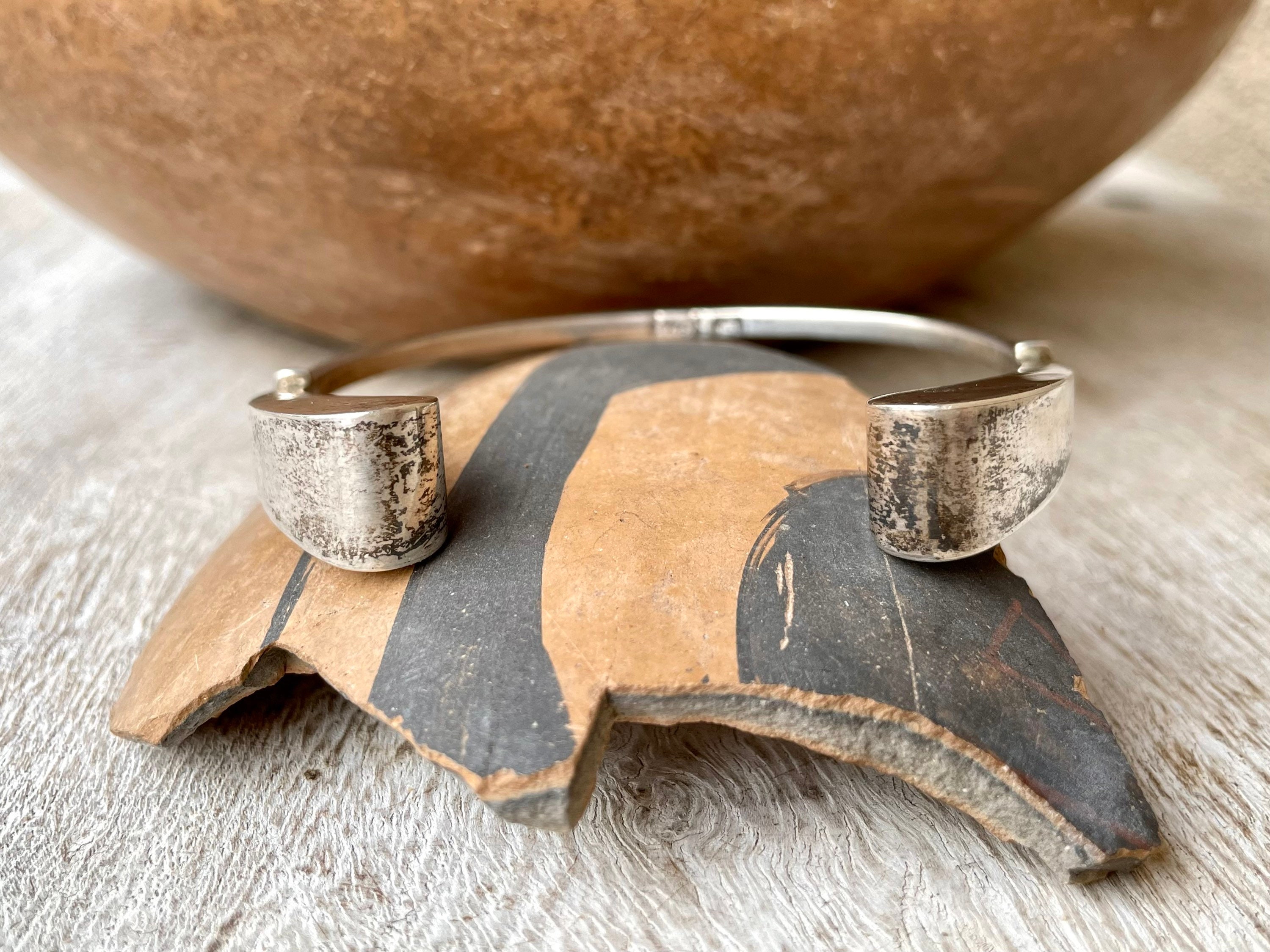 Vintage Taxco Sterling Silver Narrow Bracelet with Big Curved Terminals ...