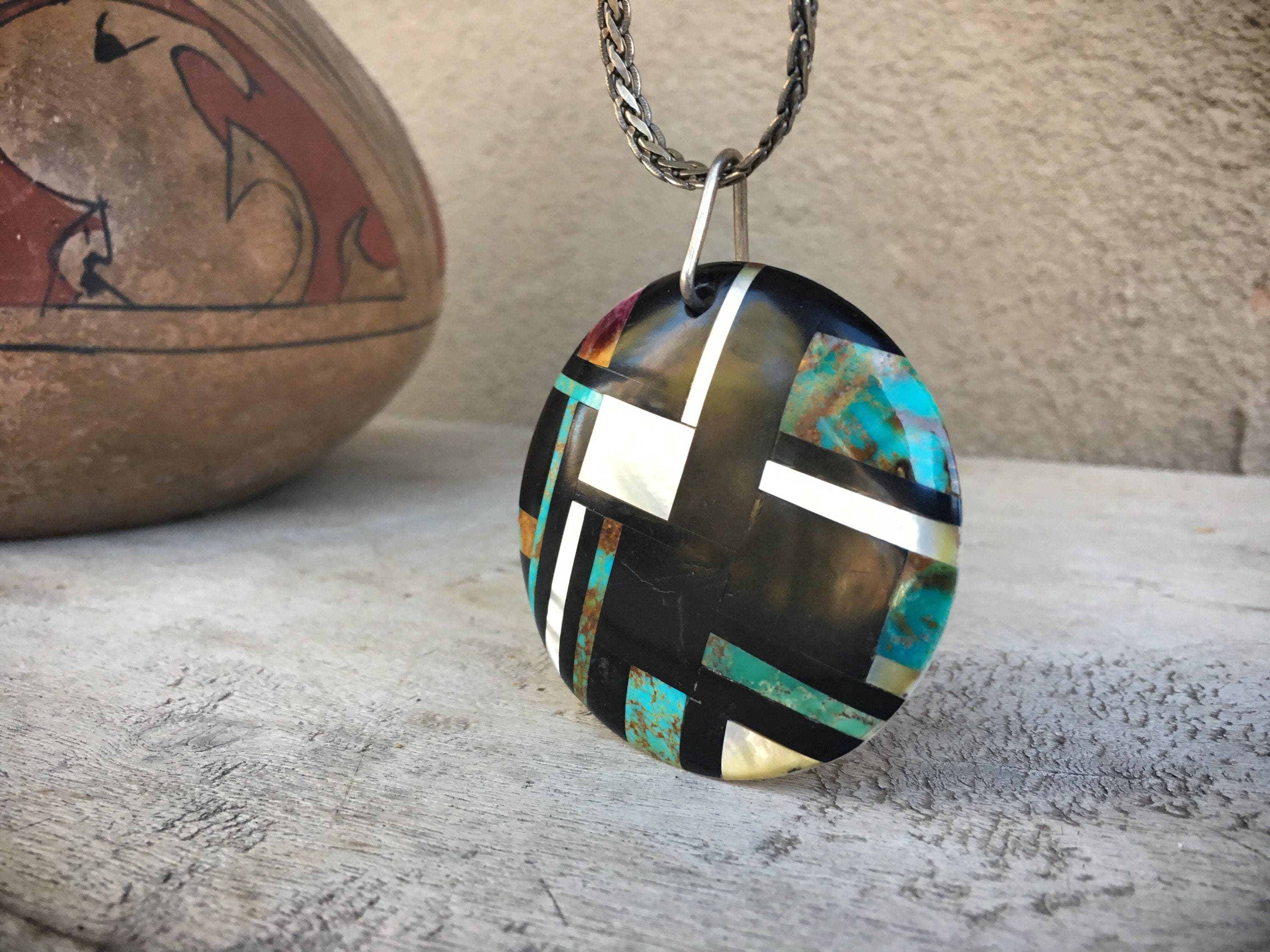 Turquoise Pendant Necklace Shell Inlay Jewelry, Native American Indian ...