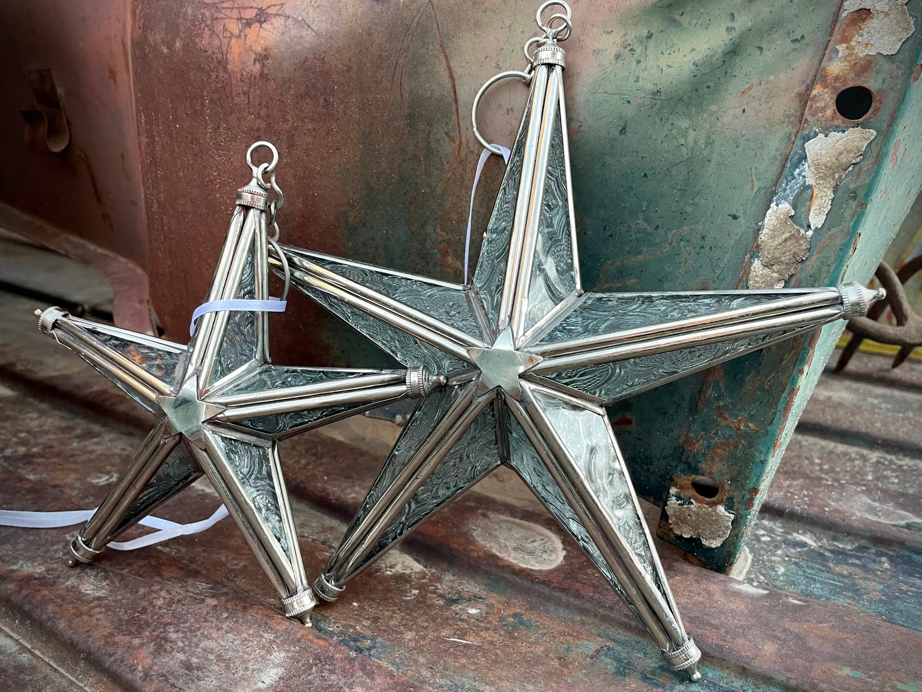 Pair of Small Metal and Pressed Light Blue Glass Star Ornaments ...