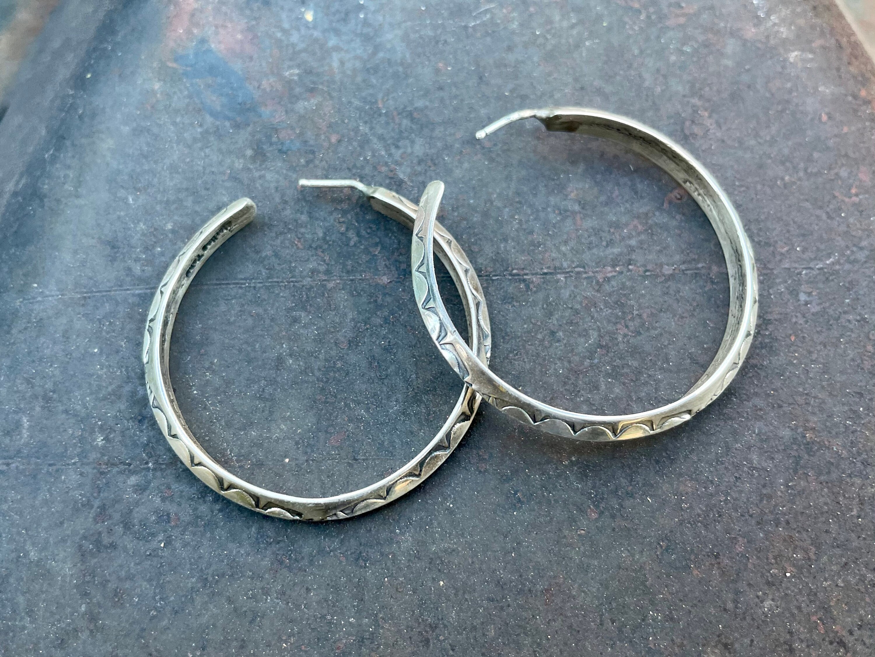 Stamped Sterling Silver Hoop Earrings by Navajo Ben Tahe, Medium Size ...