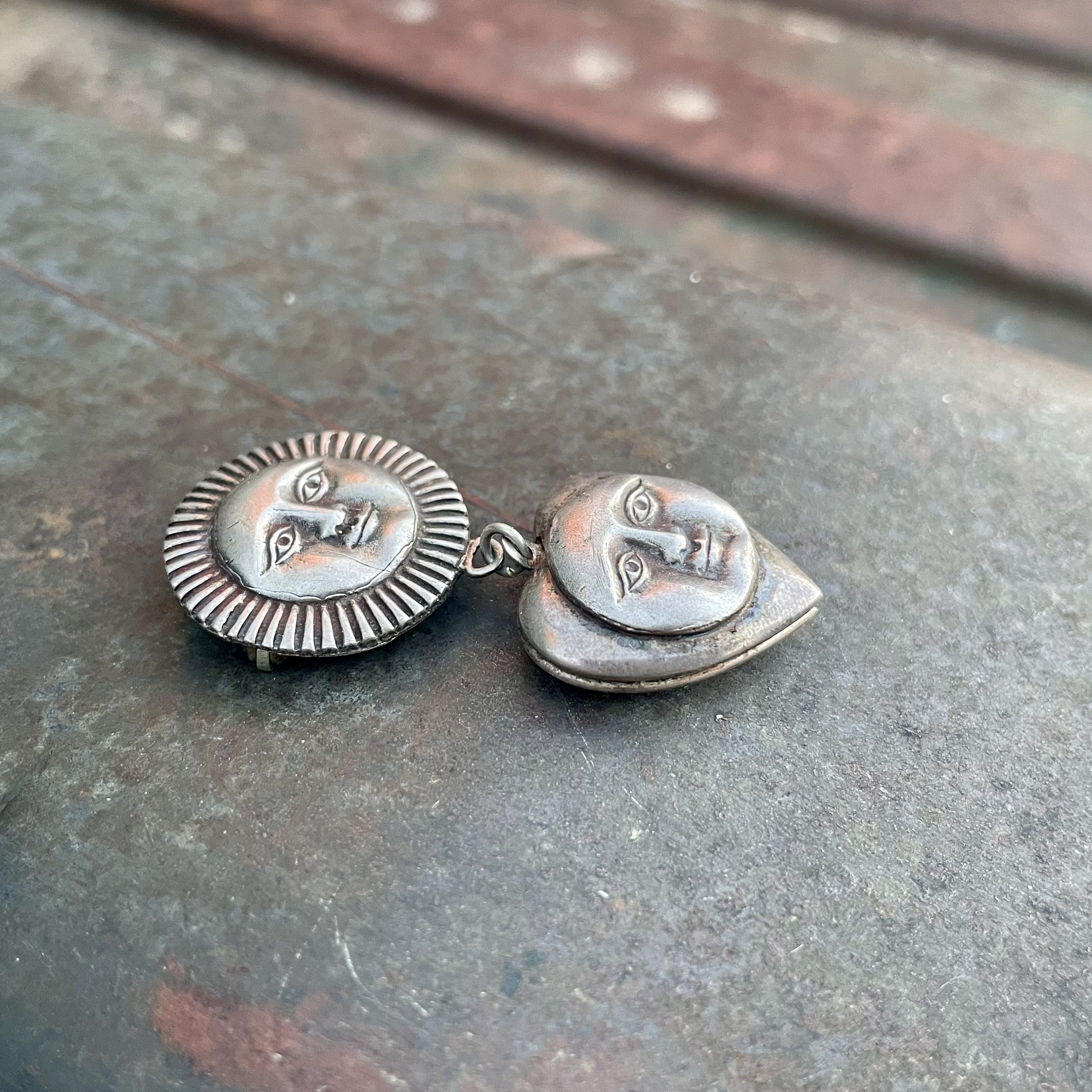 Vintage Sterling Silver Sun and Moon Face Brooch Pin with Dangling ...