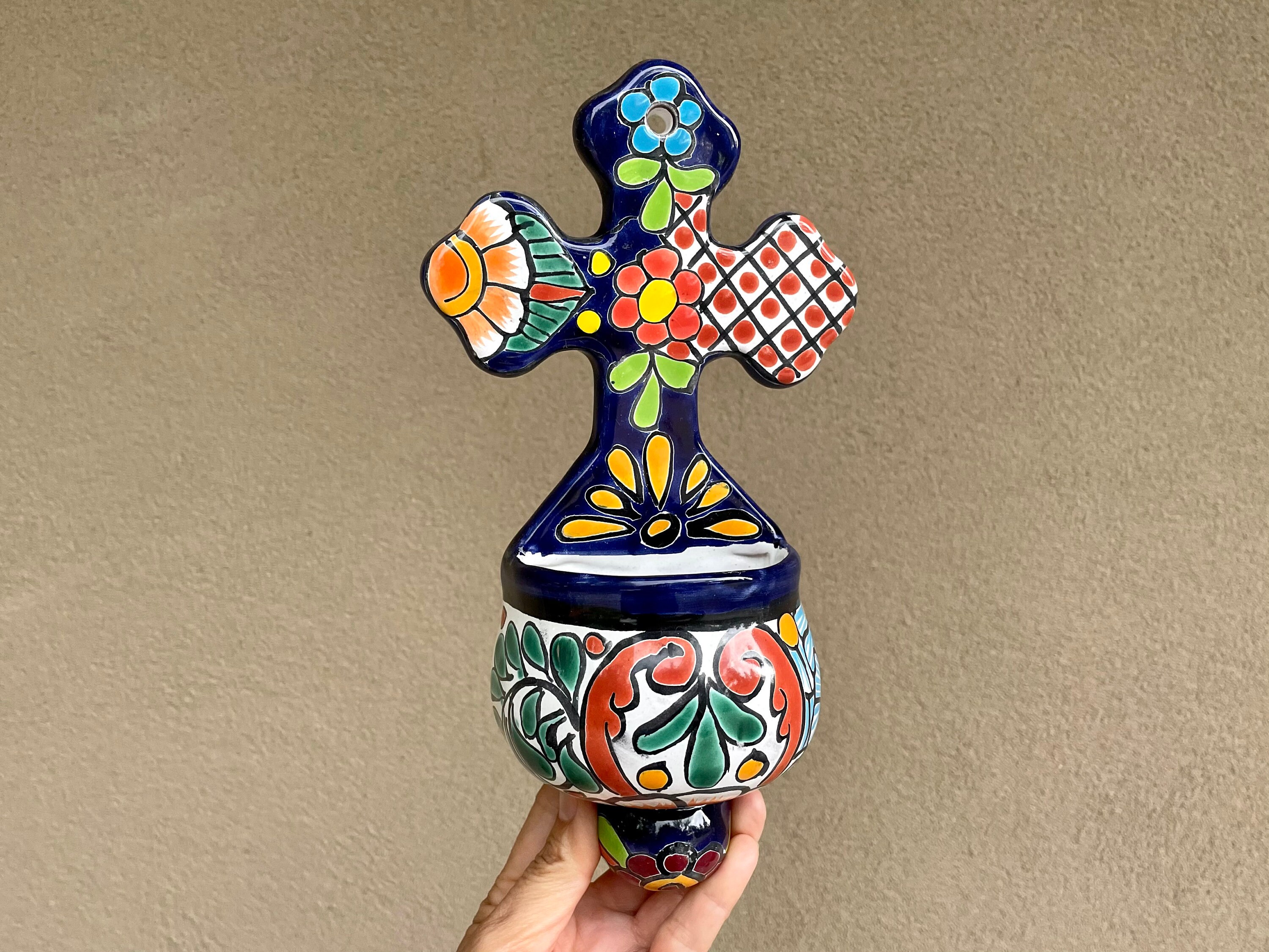 Vintage Talavera Pottery Cross Wall Hanging Holy Water Font, Mexican ...