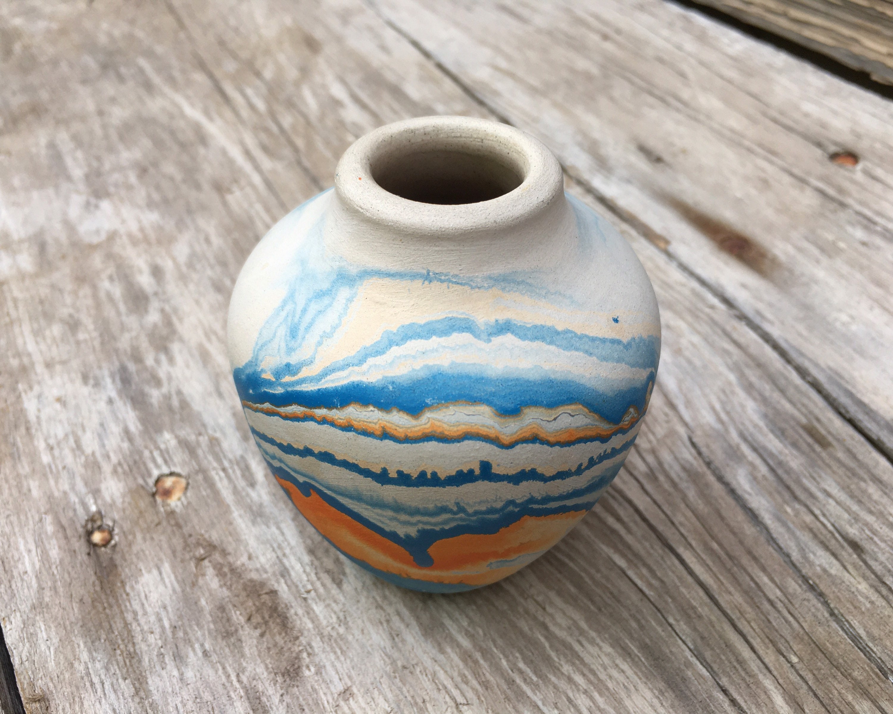 Small Nemadji Swirled Clay Pottery Vase in Blue Orange Colors, Native ...