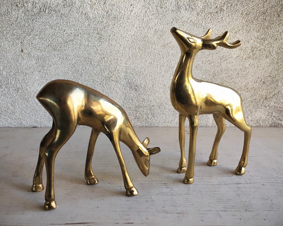 Midcentury Modern Brass Deer Figurines Christmas Deer Buck Doe Family