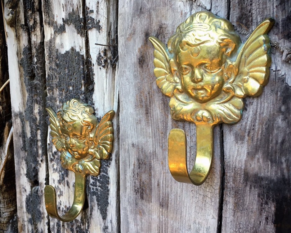 Pair of Vintage Brass Angel Hooks Wall Mount, His and Her Robe Towel ...