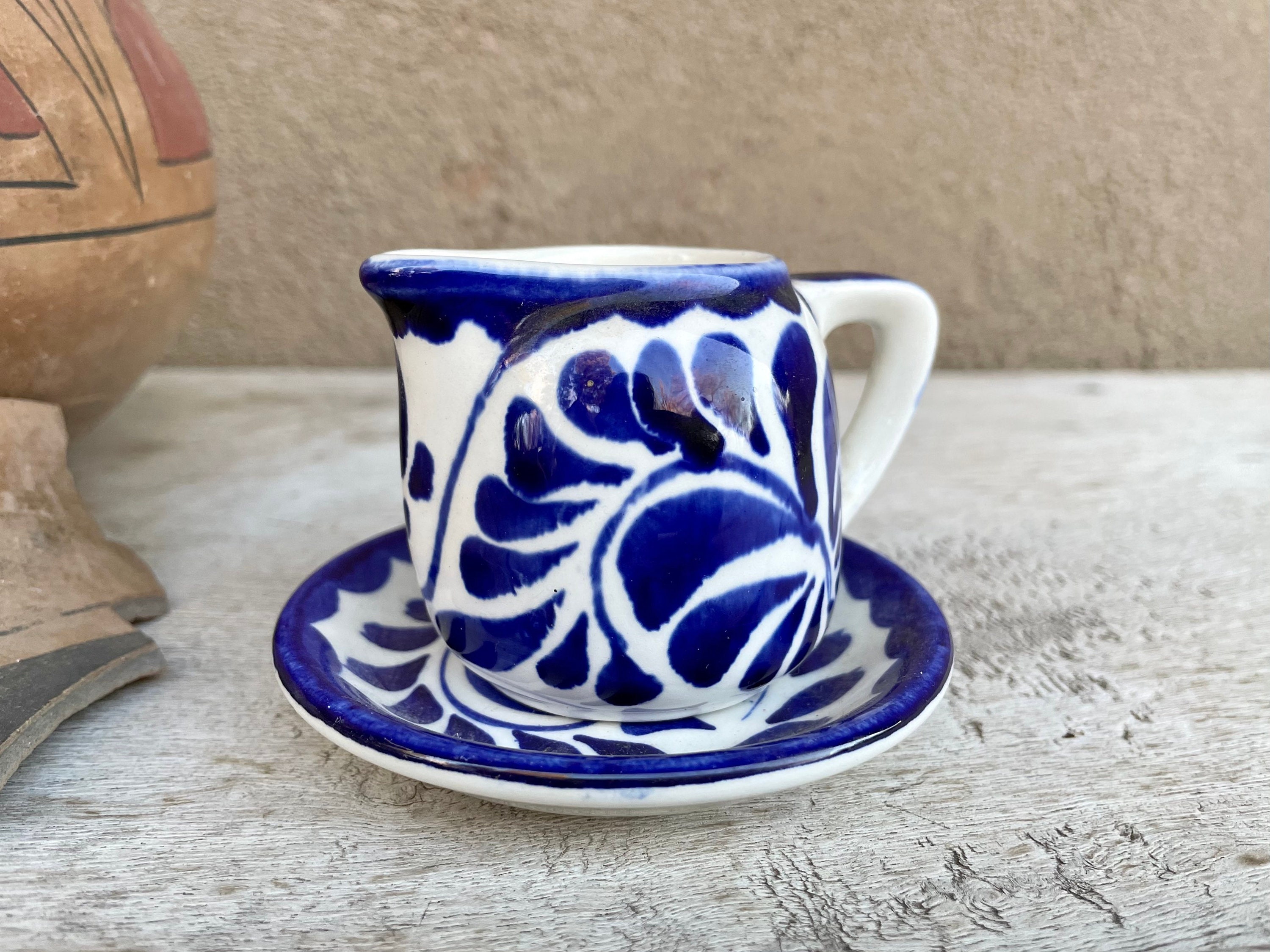 Mexican Anfora Puebla Blue Very Small Creamer and Saucer, Blue and ...