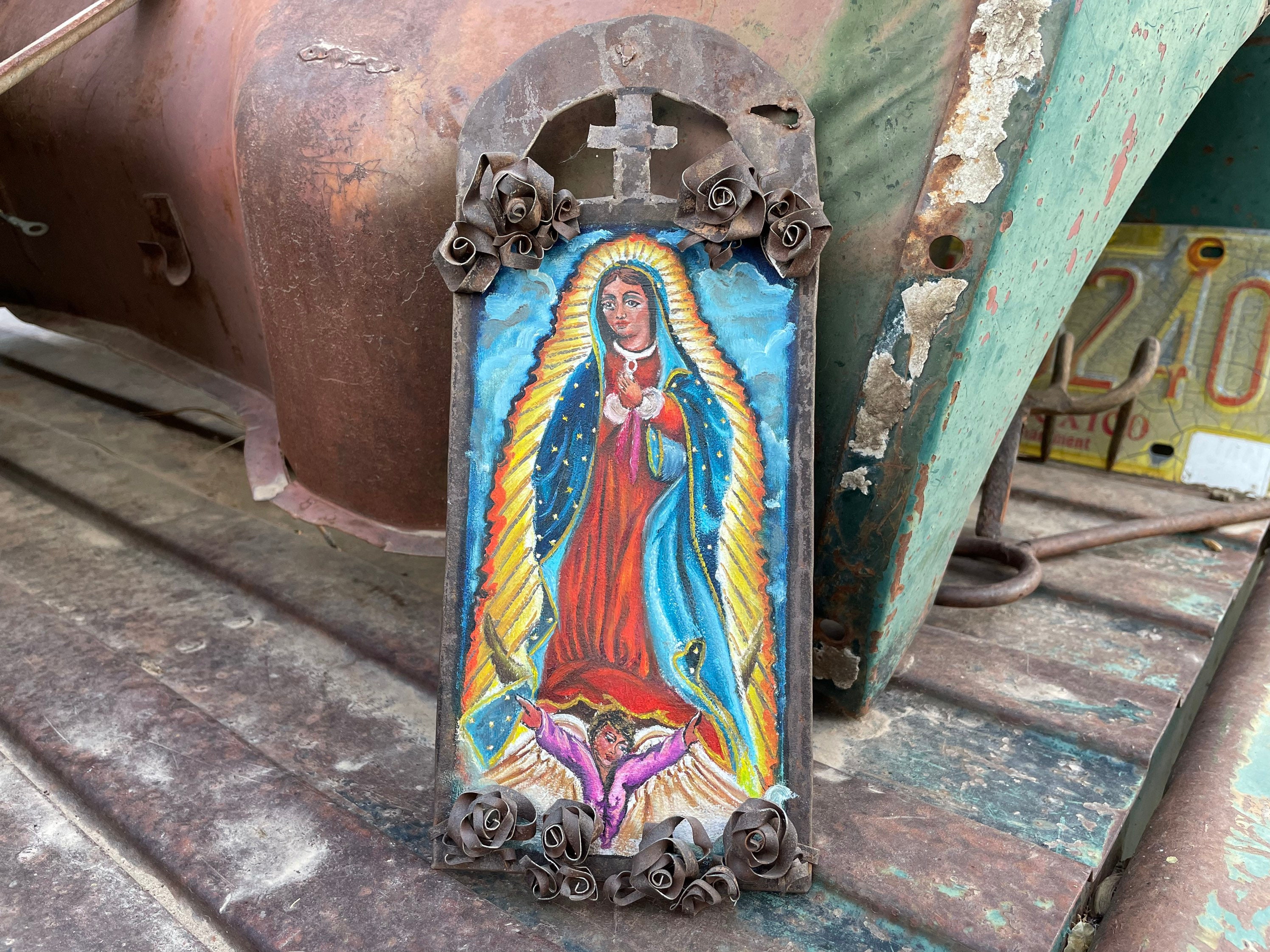 Painted Tin Metal Our Lady of Guadalupe Small Retablo, Altar ...