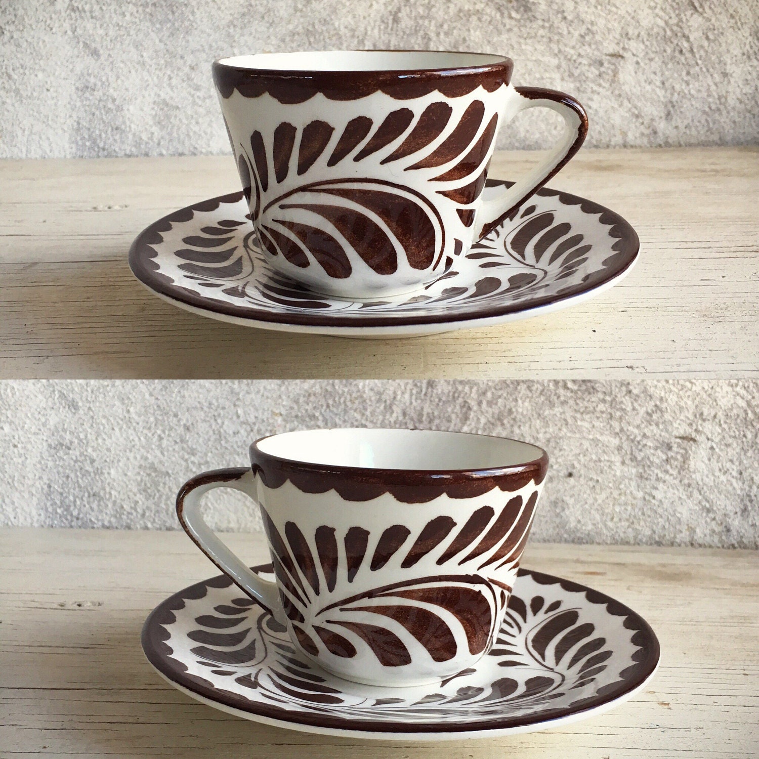 Vintage Mexican Anfora Puebla Brown cup saucer, Anfora flat cup, brown ...