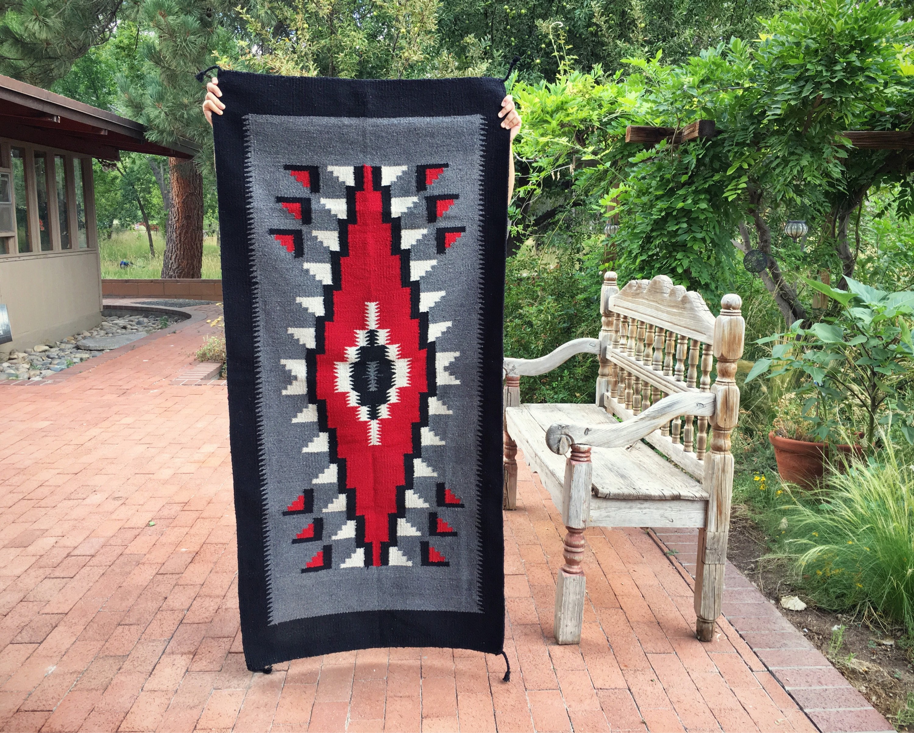 Vintage 31 x 63 Zapotec rug gray red Mexican rug woven wall hanging ...