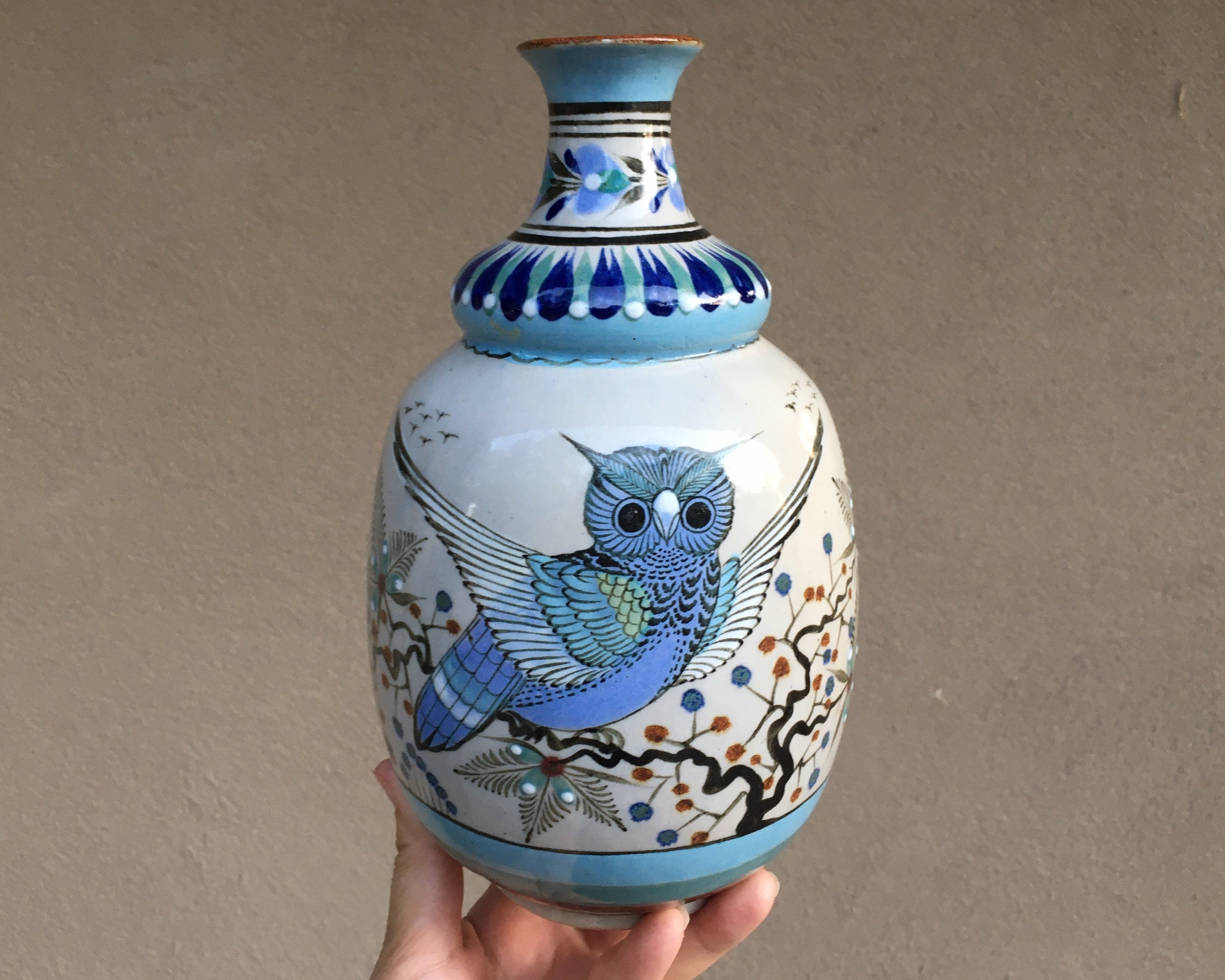 Signed Ken Edwards Pottery Vase with Blue Horned Owl Design, El Palomar ...