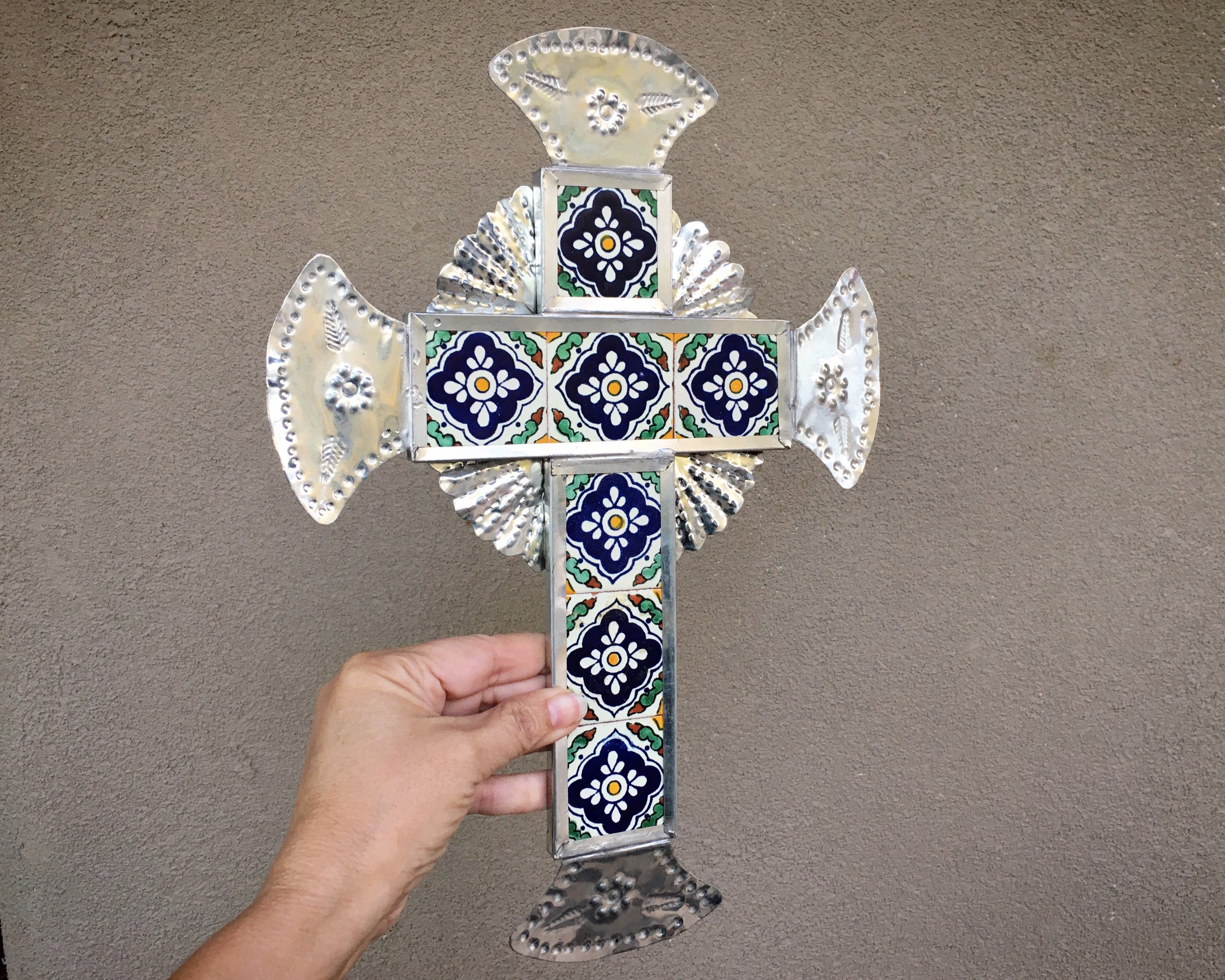 10 x 14 Ceramic Tile and Distressed Metal Cross Wall Hanging, Mexican ...