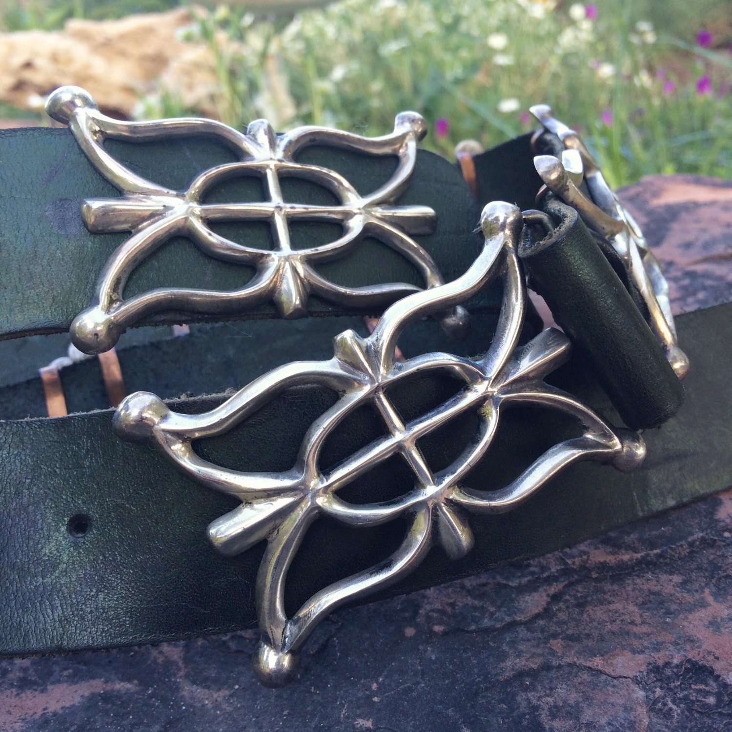 1960s-70s Navajo Sandcast Silver and Black Leather Concho Belt for ...