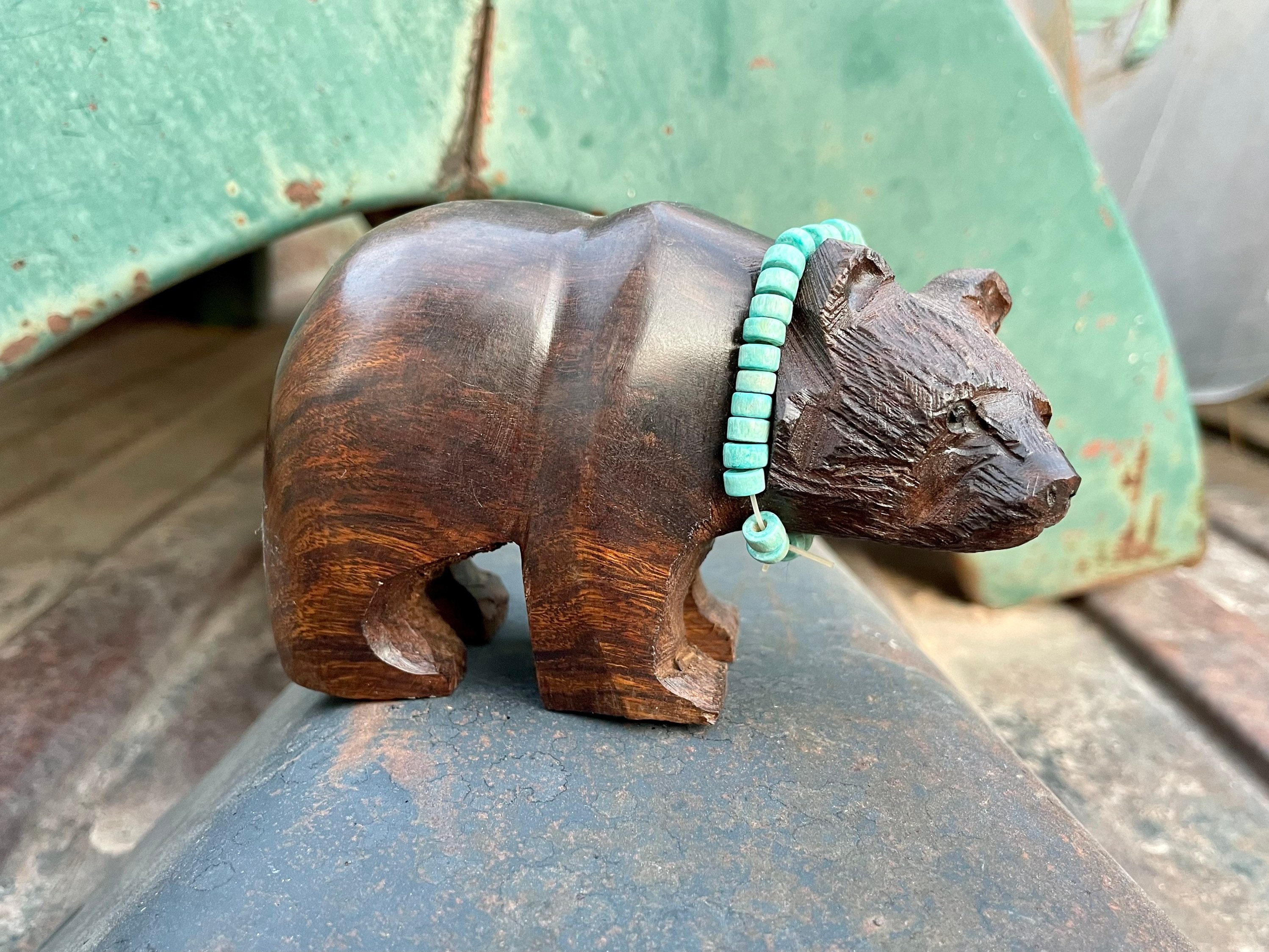 Vintage Hand Carved Ironwood Bear Figurine with Turquoise, Wood Carving ...