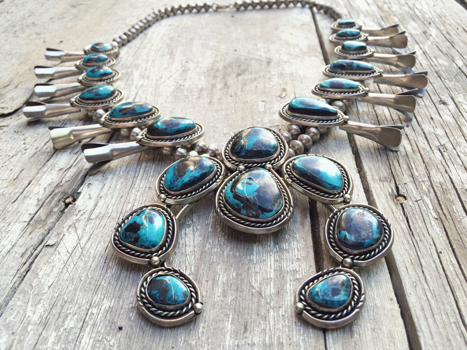 Turquoise squash blossom necklace Blue Diamond Nevada mine Navajo jewelry