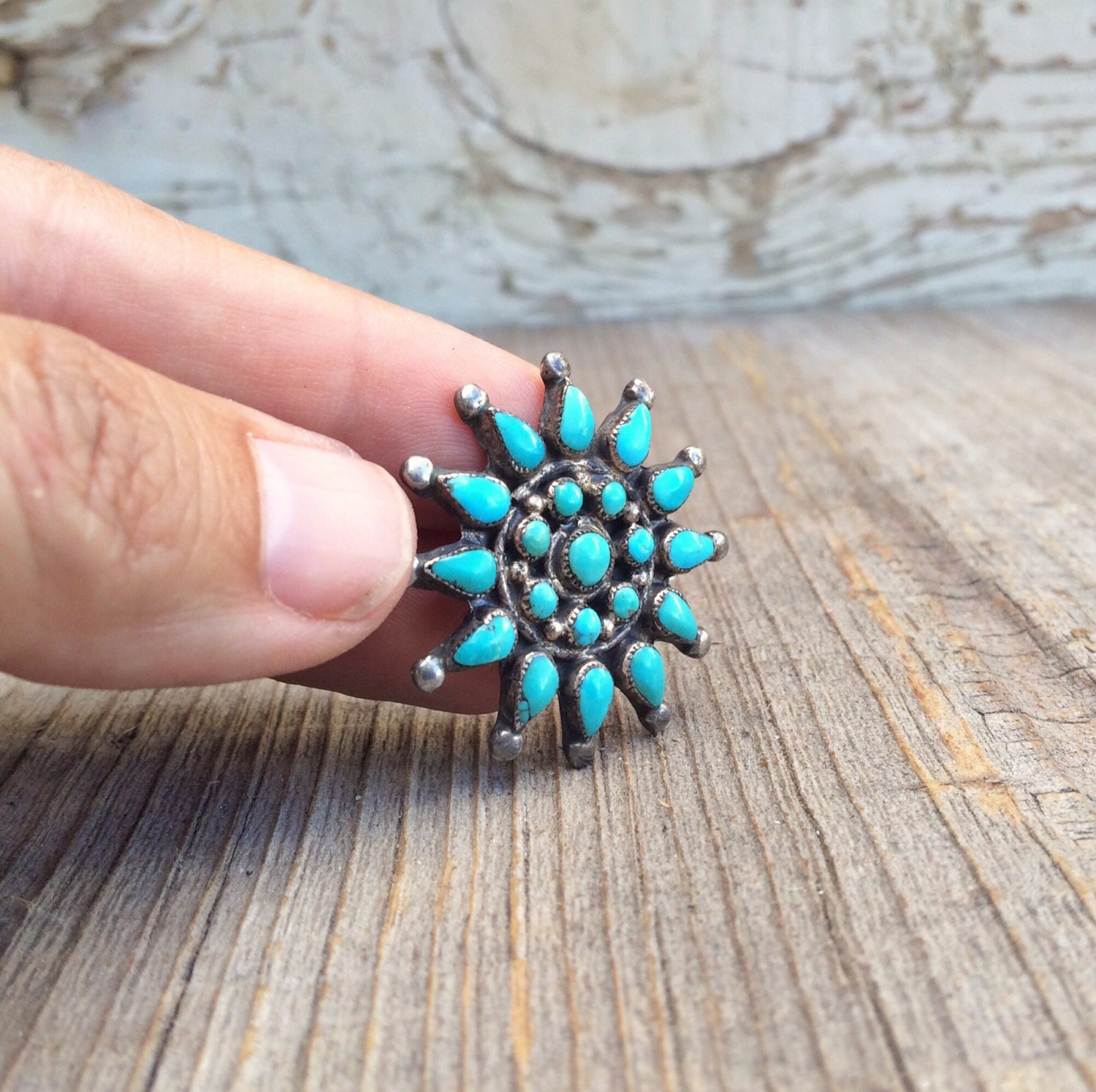 Vintage 1-1/4 Zuni petit point flower cluster brooch with old blue ...