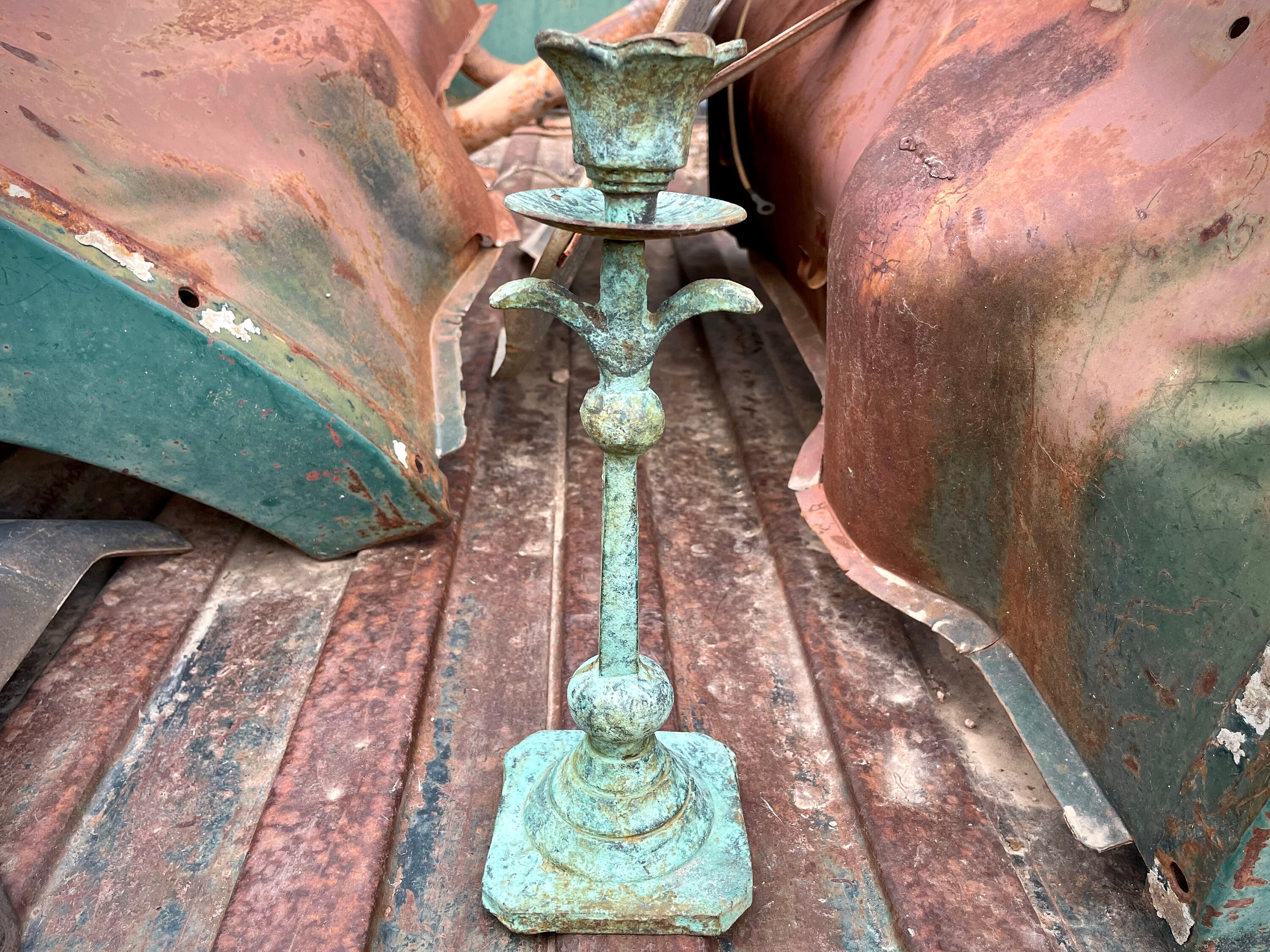 Single Vintage Verdigris Metal Flower Candlestick Candle Holder, Copper ...