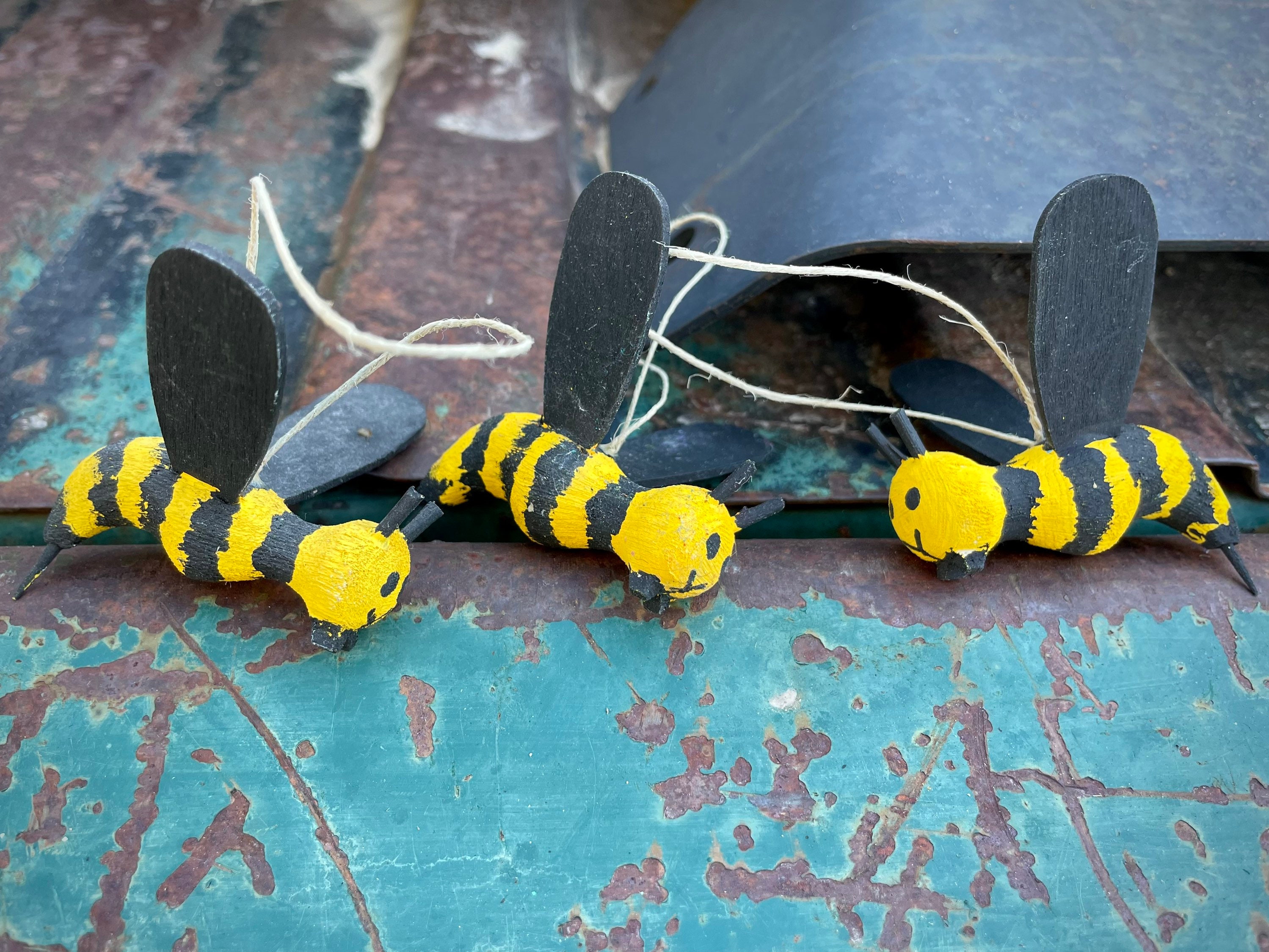 Three Navajo Bee Ornaments Painted Wood, Folk Art Insect Theme, Native ...
