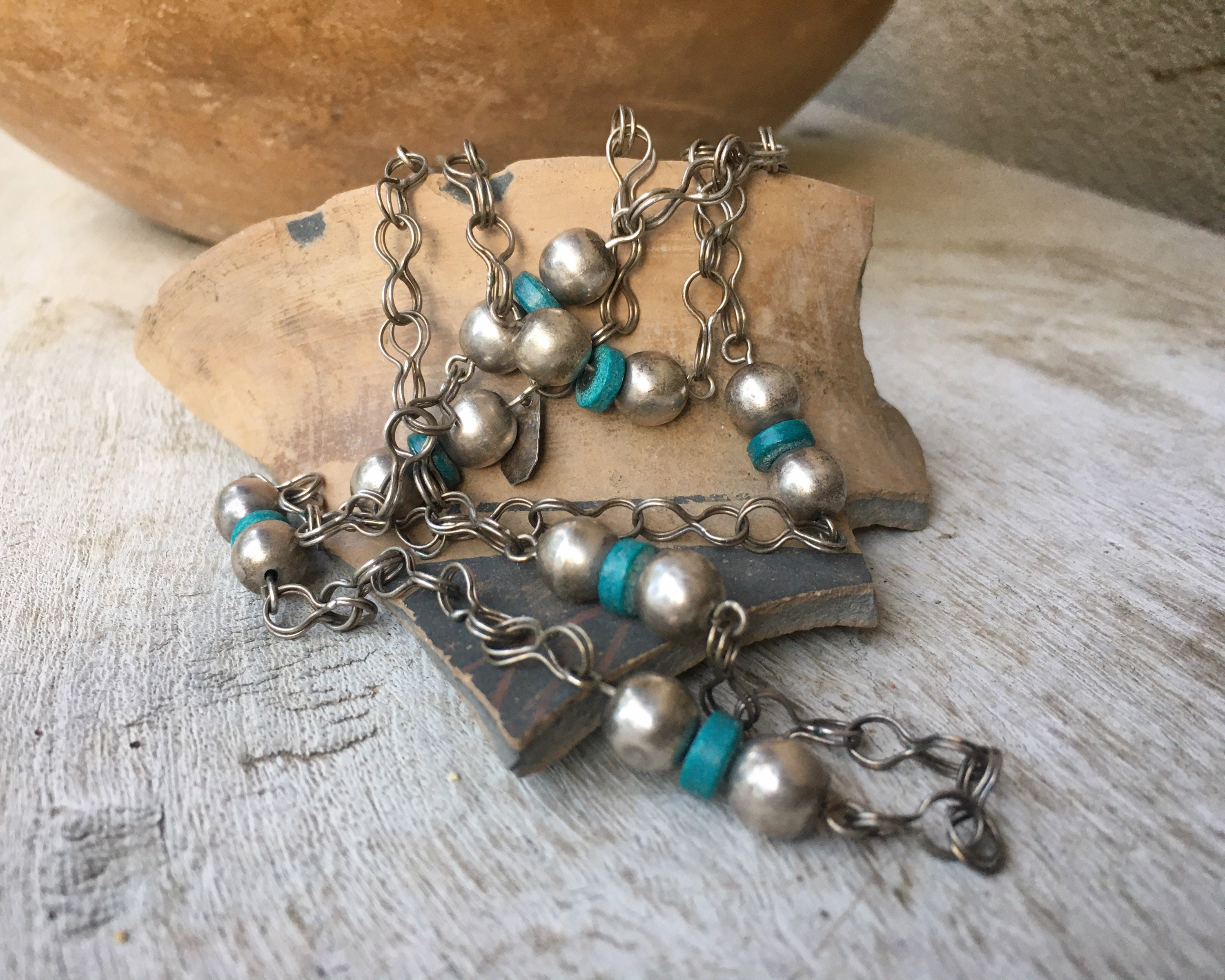 Mexican Silver Bead and Turquoise Heishi Link Chain Necklace for Women ...