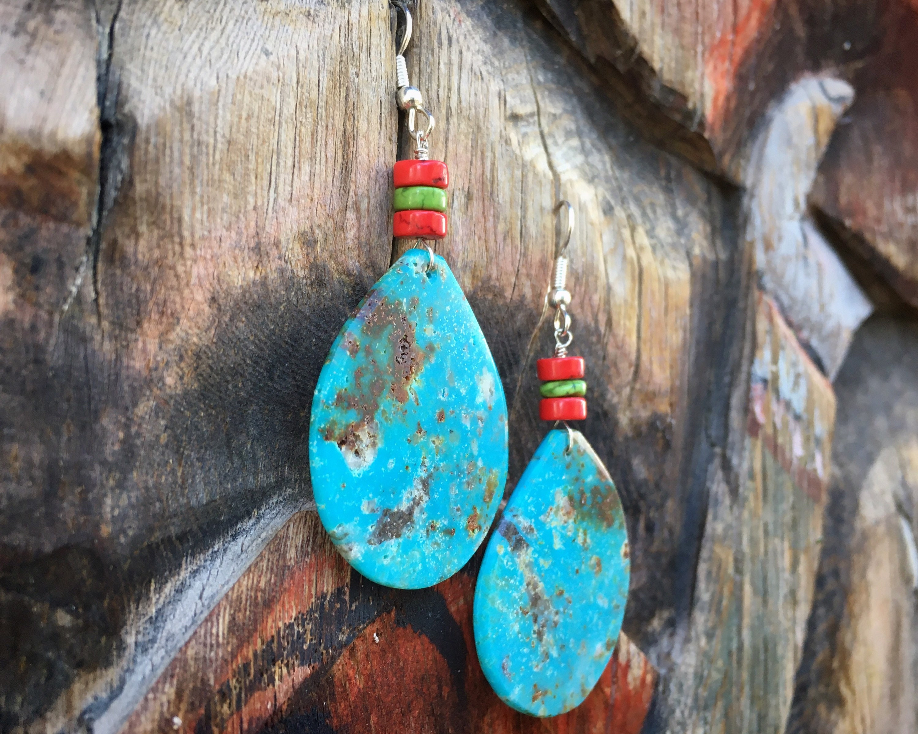 Big Turquoise Slab Earrings with Spiny Oyster Beads, Santo Domingo ...