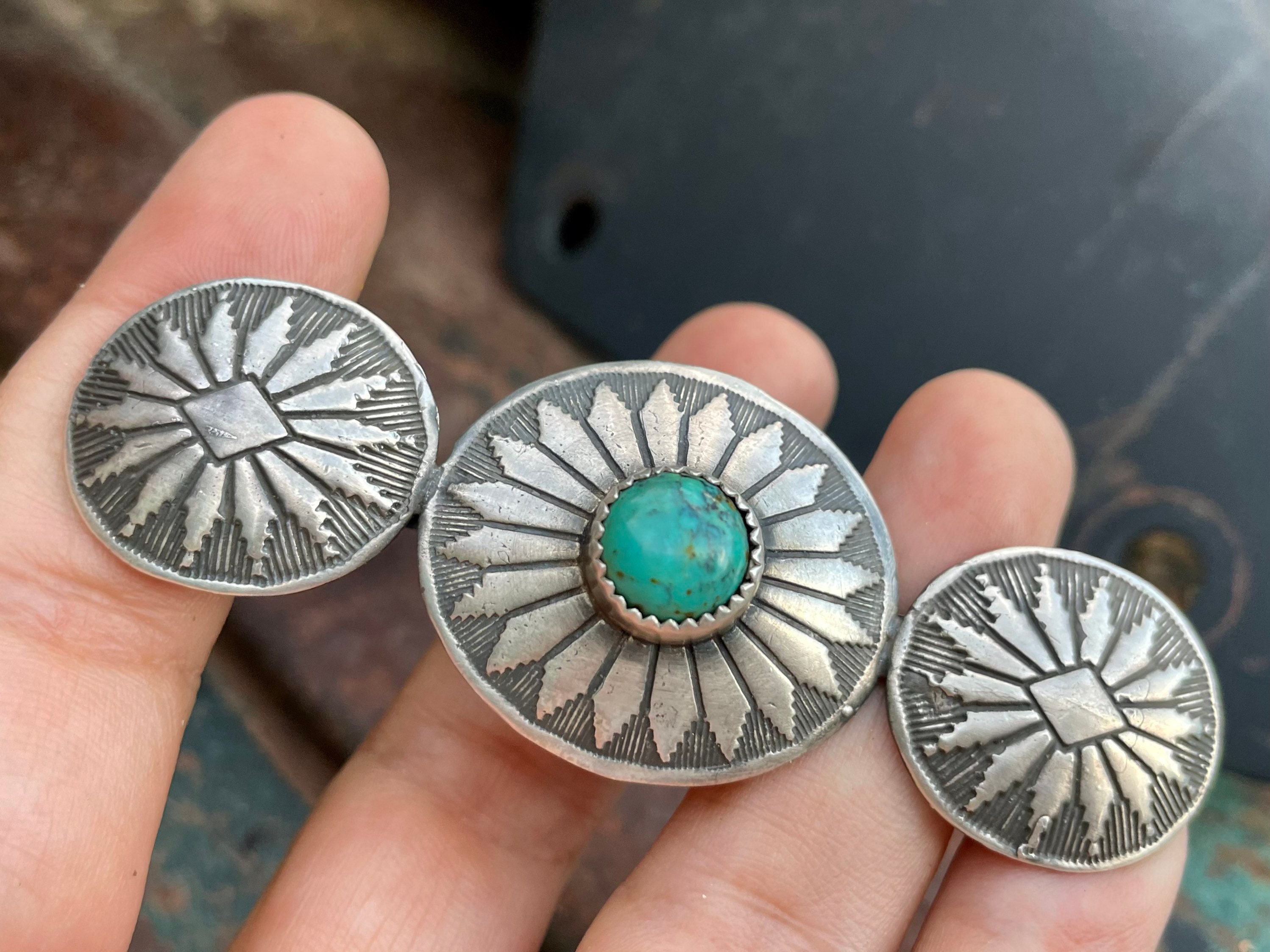 3-1/4 Long Sterling Silver Concho Ring with Turquoise Stone, Huge ...
