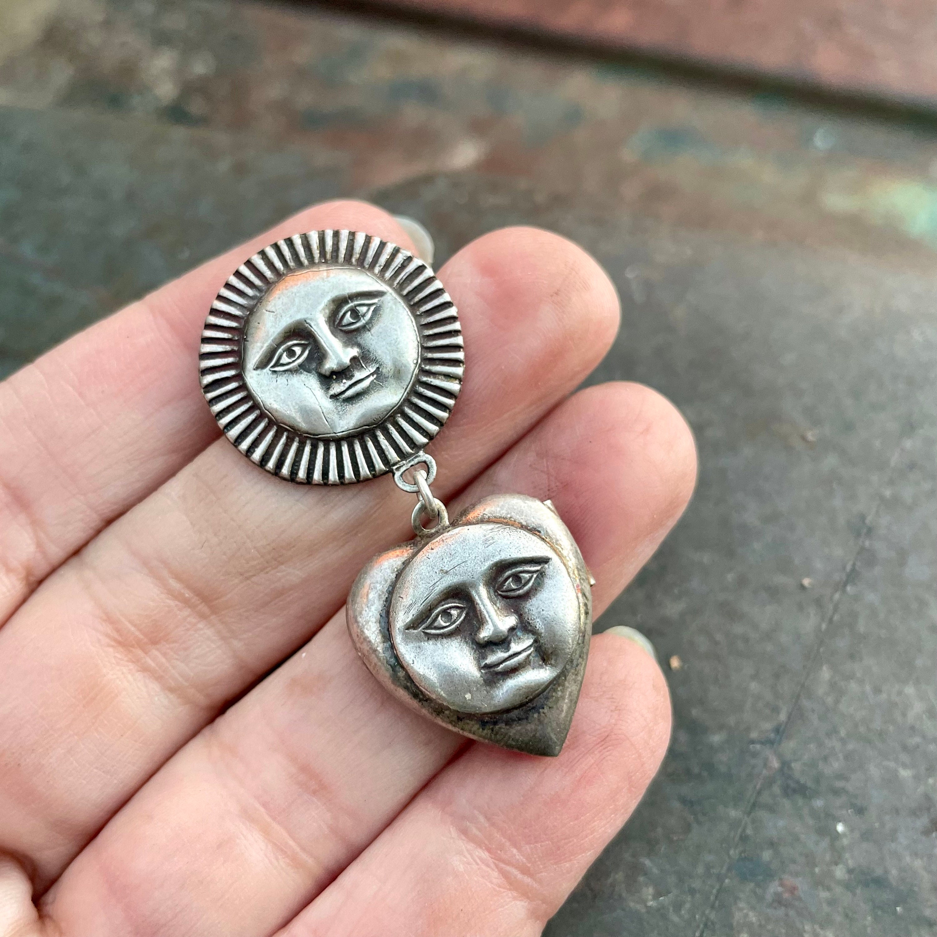 Vintage Sterling Silver Sun and Moon Face Brooch Pin with Dangling ...
