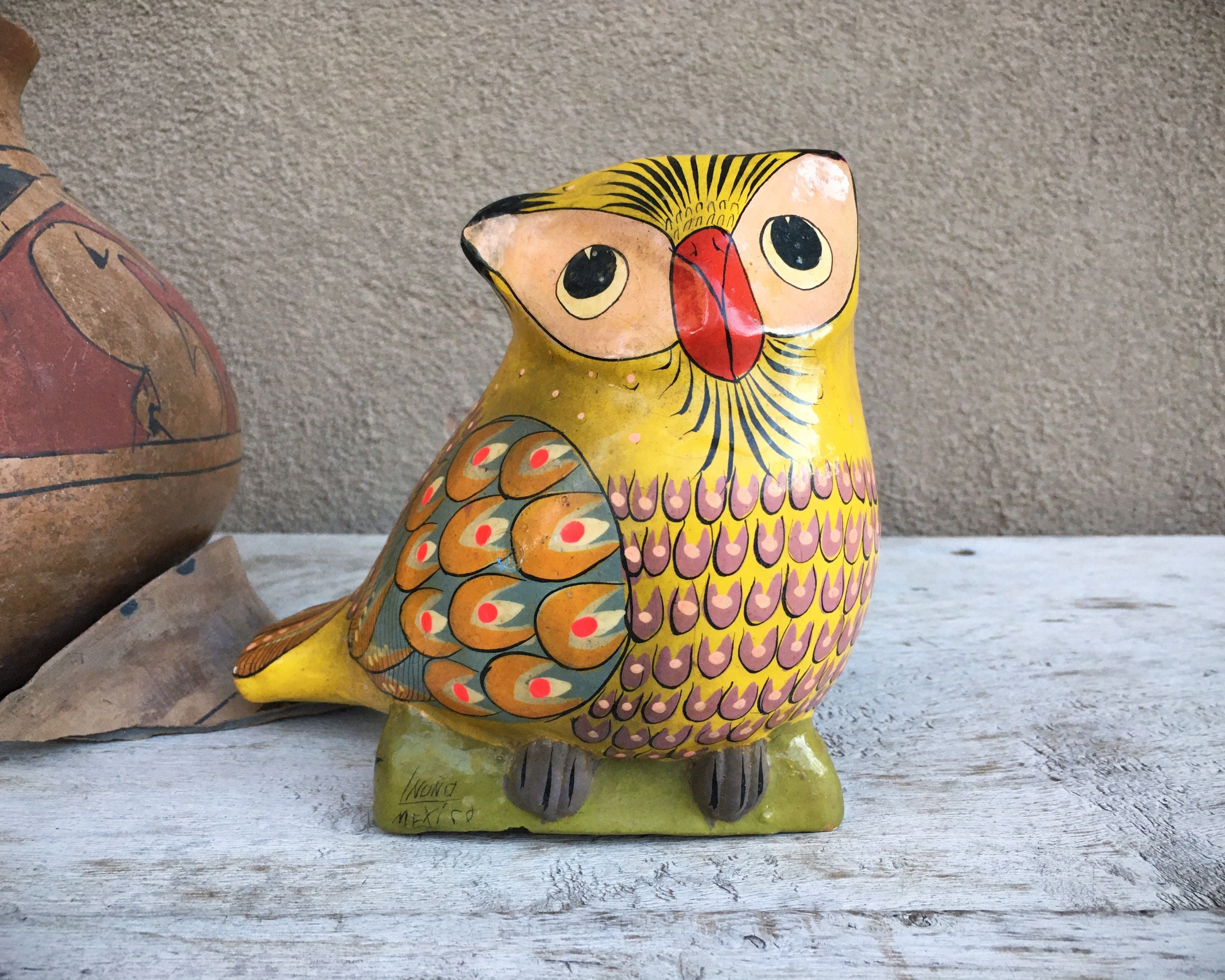 Yellow Paper Mache Owl from Tonala Mexico Folk Art, Give a Hoot Gift ...
